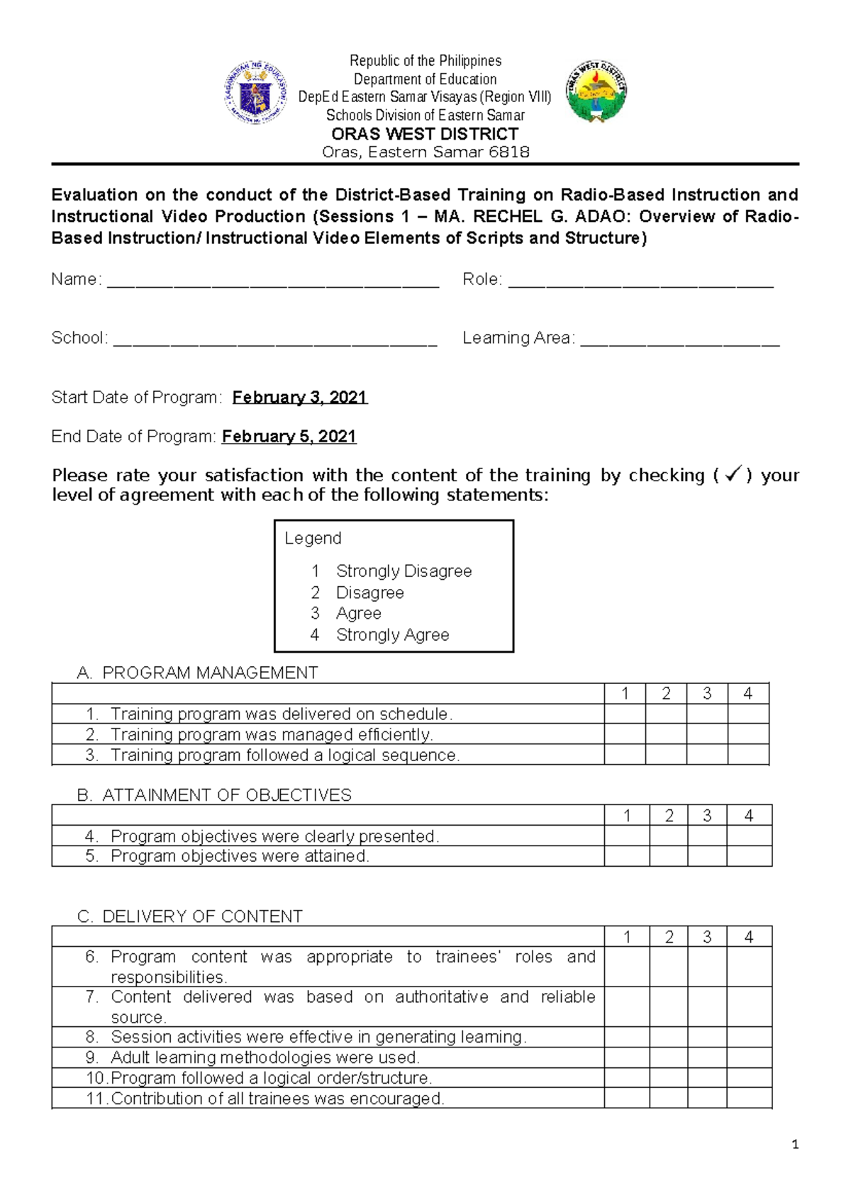 Evaluation FORM session 1 - Republic of the Philippines Department of ...
