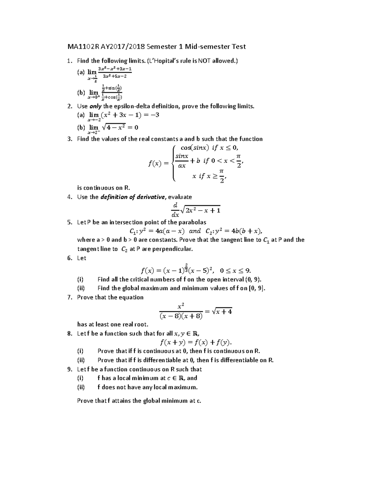 MA1102R AY2017 Mid Term - MA1102R AY2017/2018 Semester 1 Mid‐semester ...
