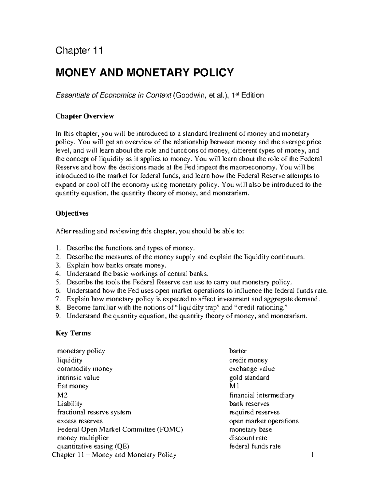 SSG Ch-11 - yes - Chapter 11 MONEY AND MONETARY POLICY Essentials of ...