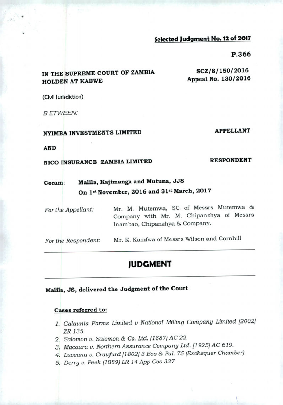 Nyimba Investment LTD V NICO Insurance - Selected Judgment No of 2017 P ...