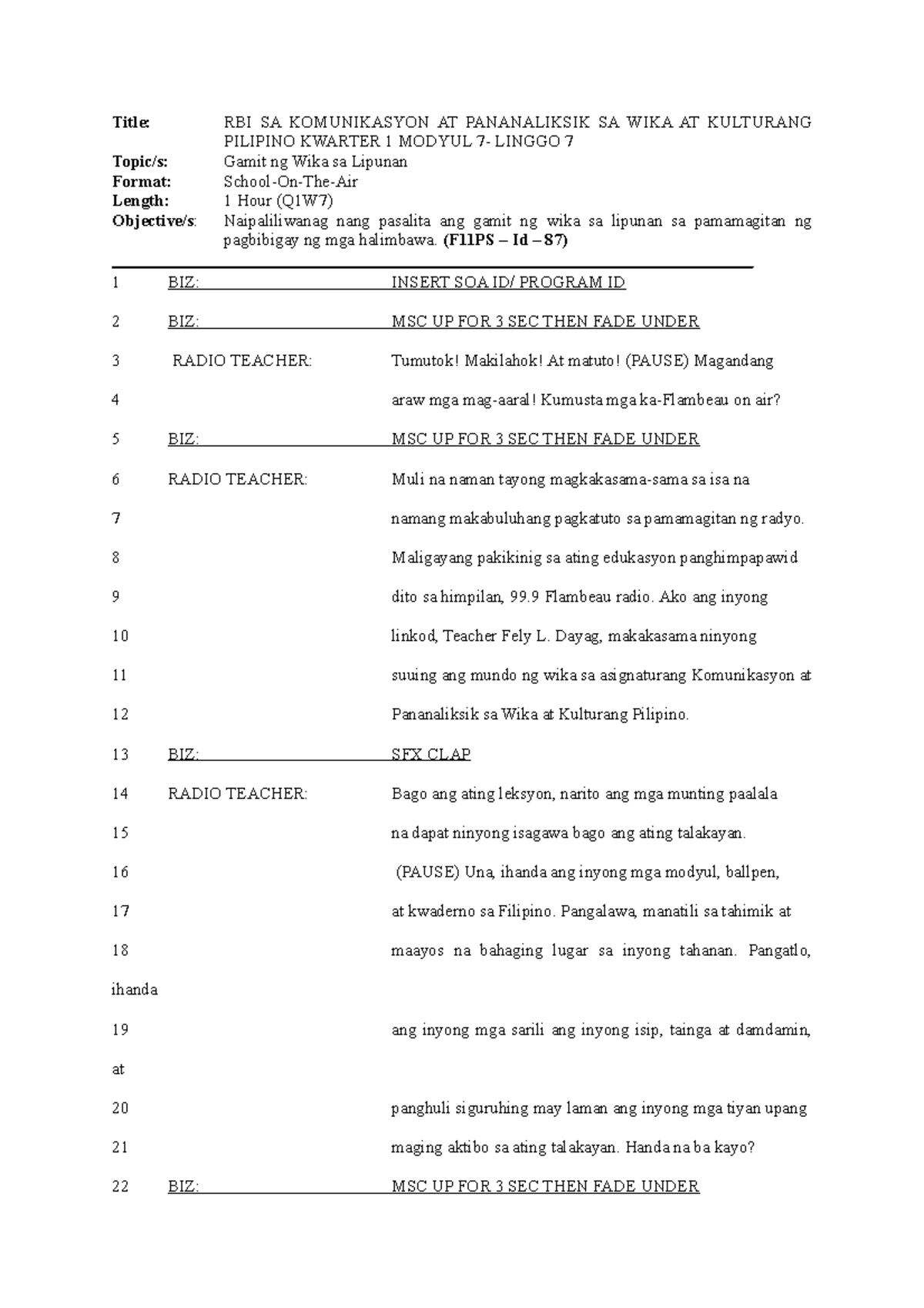 RBI Script Komunikasyonatpananaliksik WEEK 7 - Title: RBI SA ...