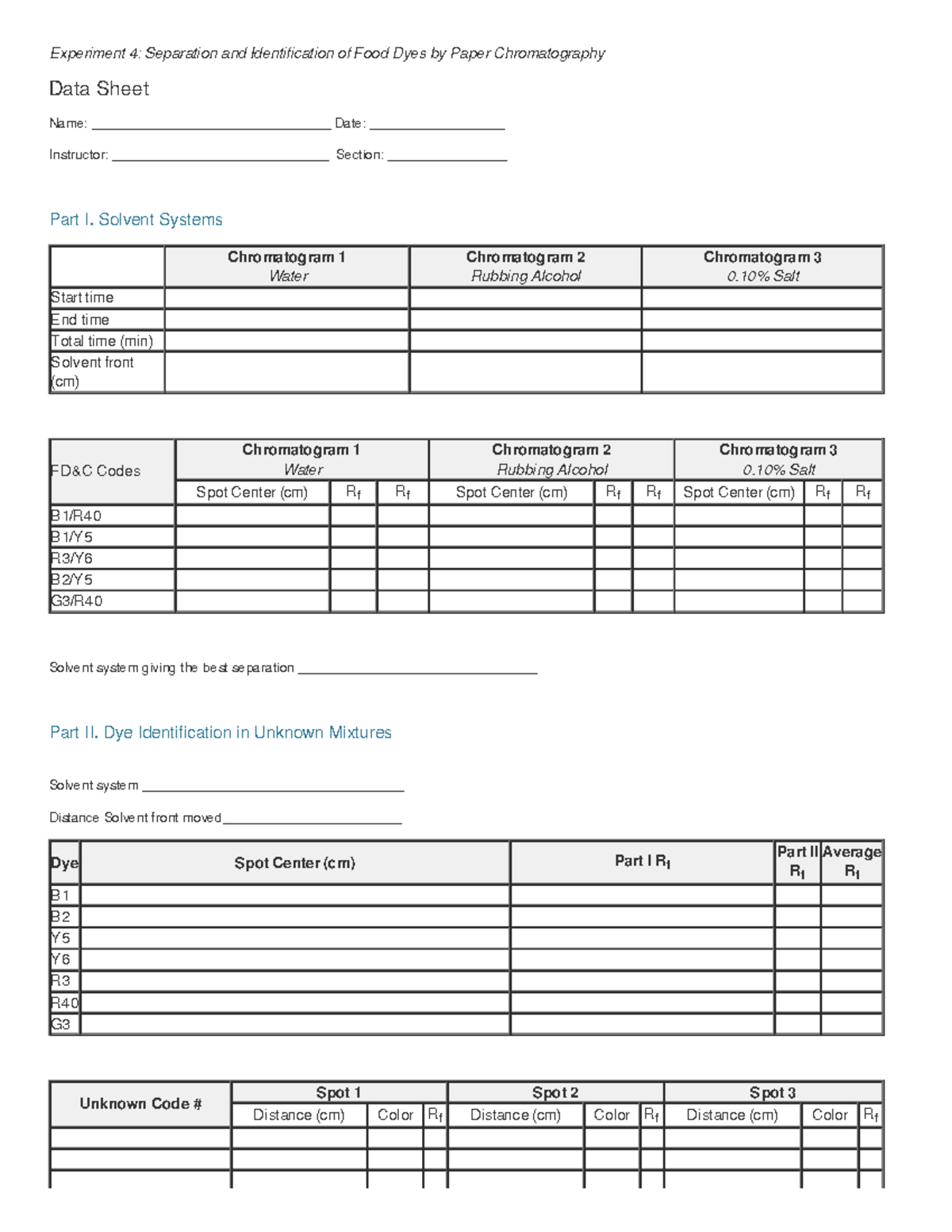 Chemistry Sheet - Experiment 4: Separation and Identification of Food ...
