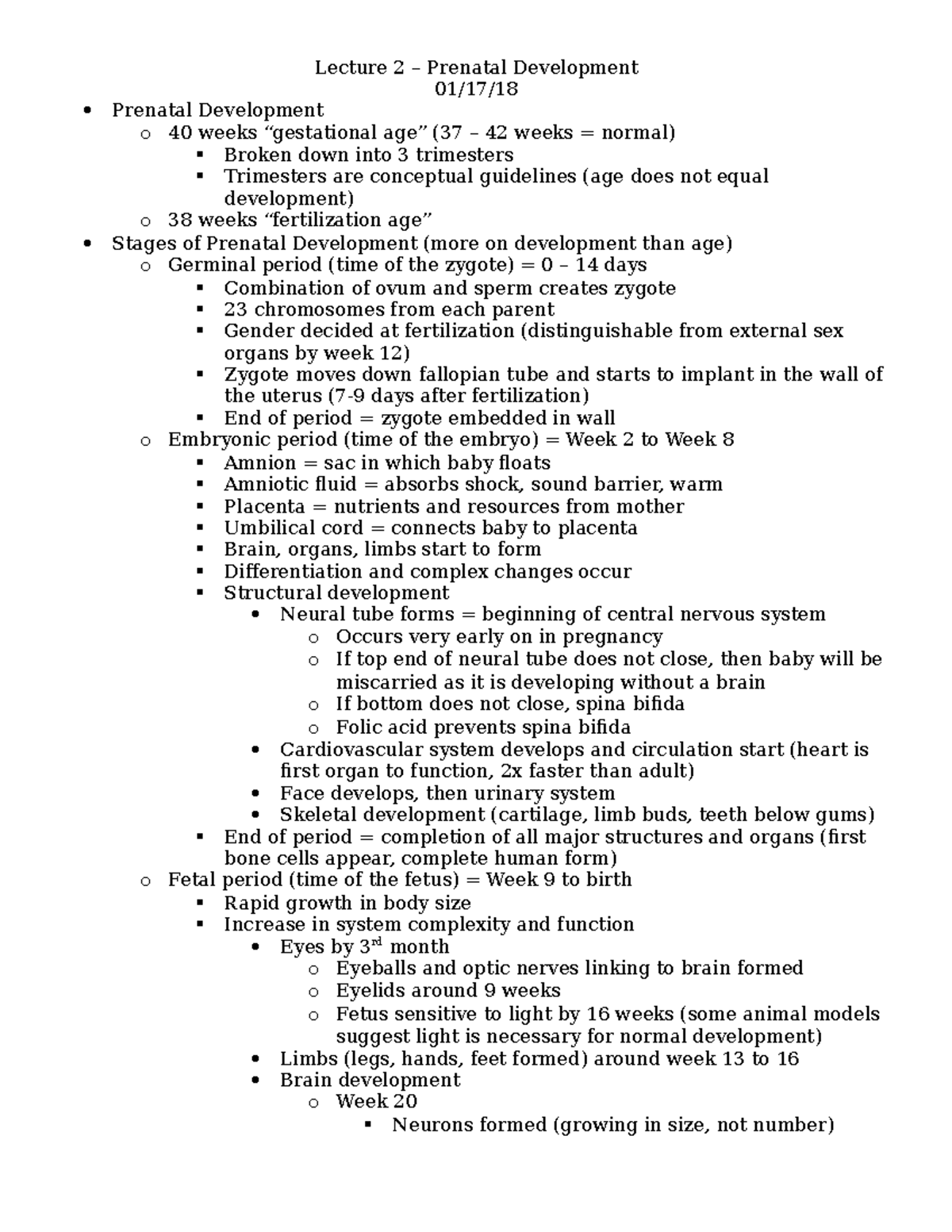 Lecture 2 Notes - Lecture 2 – Prenatal Development 01/17/ Prenatal ...