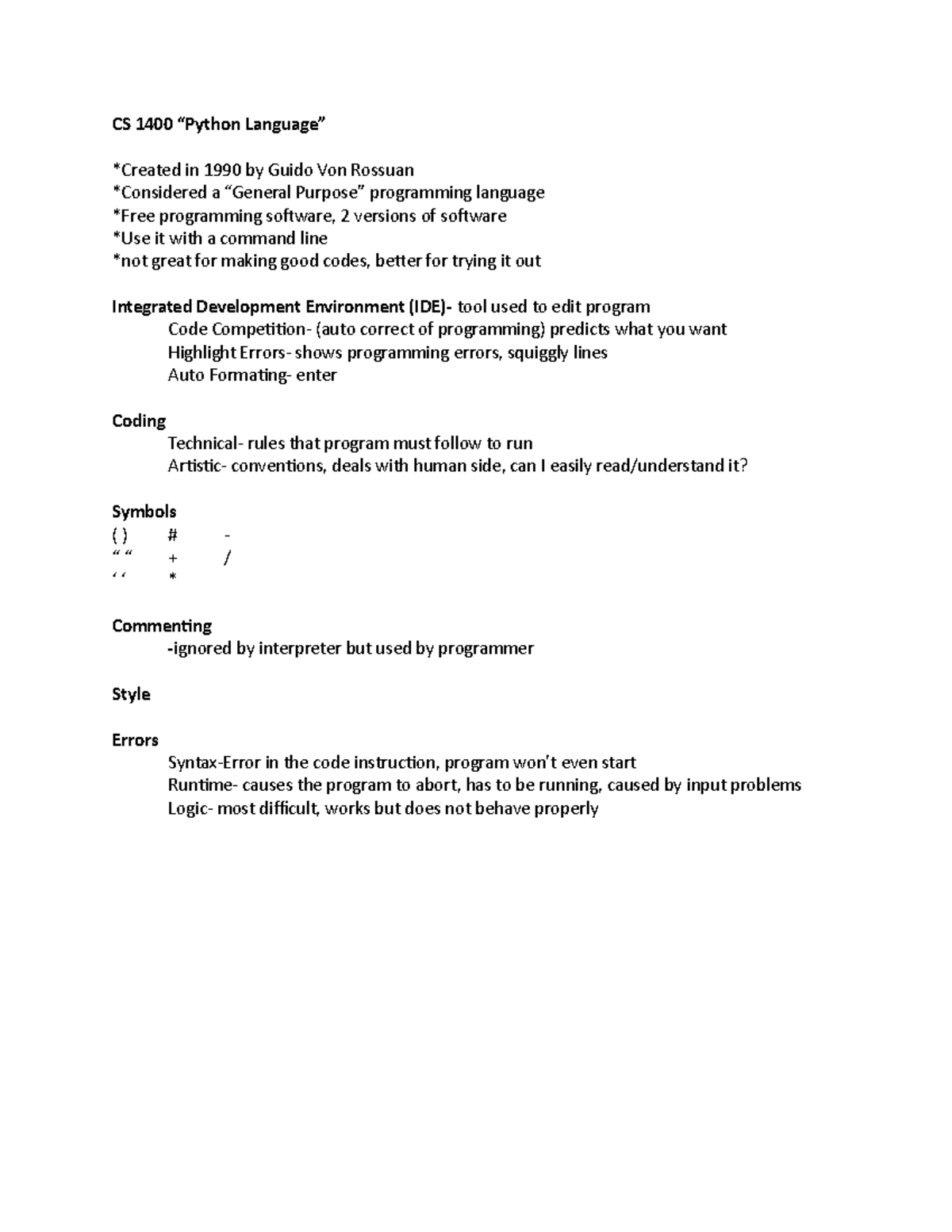 CS 1400 "Python Language" - CS 1400 “Python Language” *Created in 1990 ...