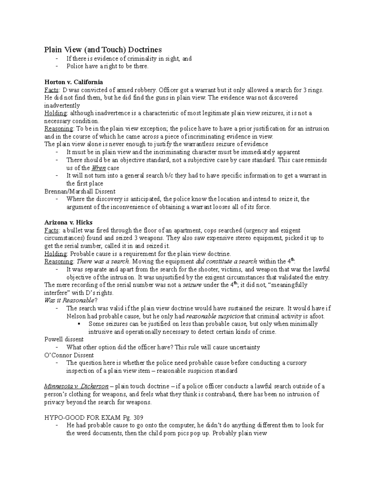 Plain View - Lecture Notes - Plain View (and Touch) Doctrines If there ...