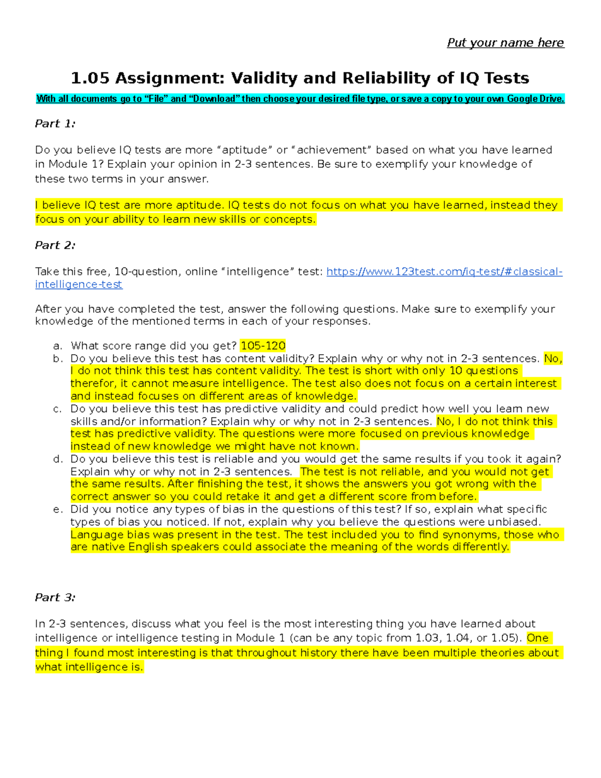 105 validity and reliability - Put your name here 1 Assignment ...