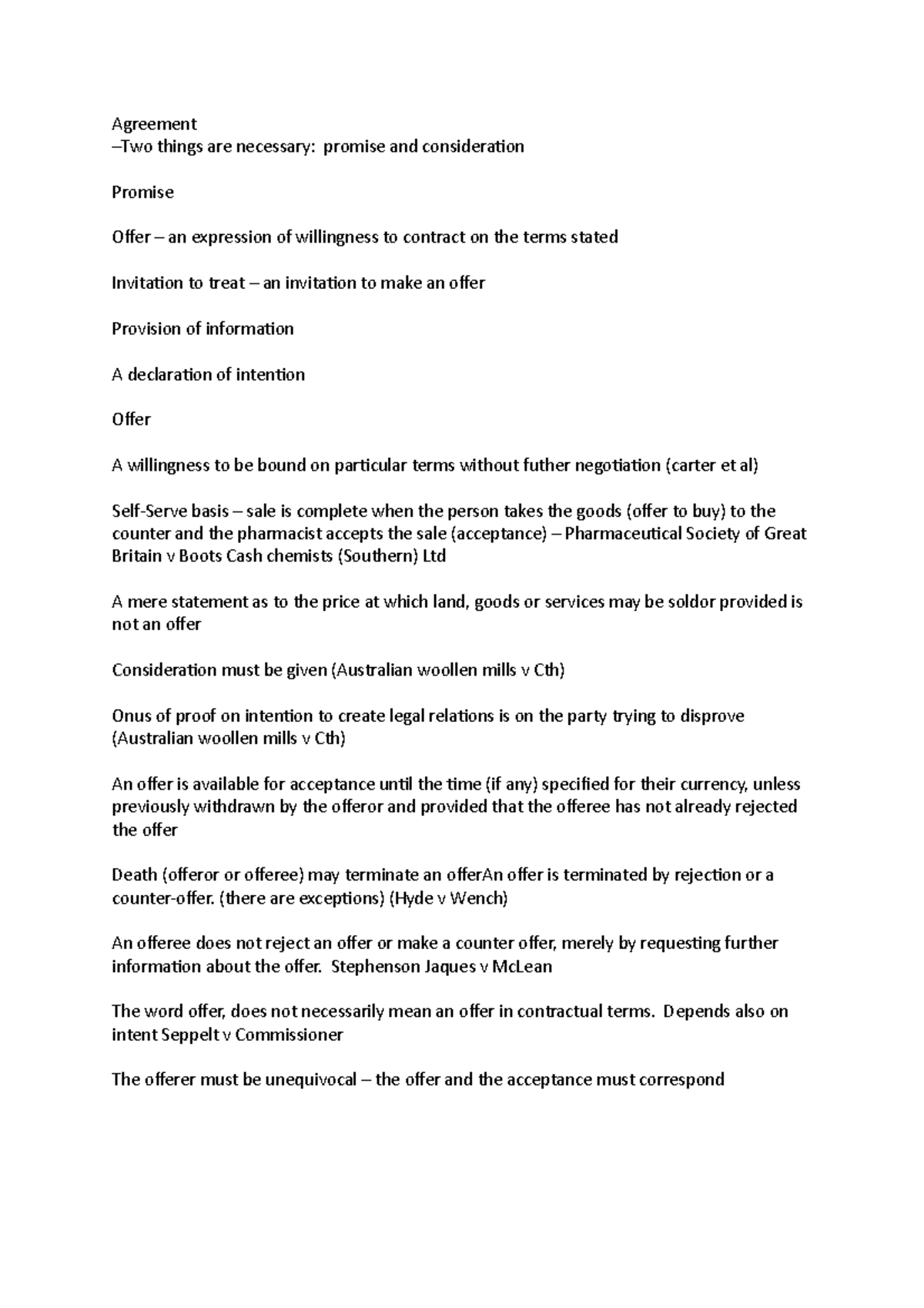 Contract Law Revison - Agreement–Two things are necessary: promise and ...