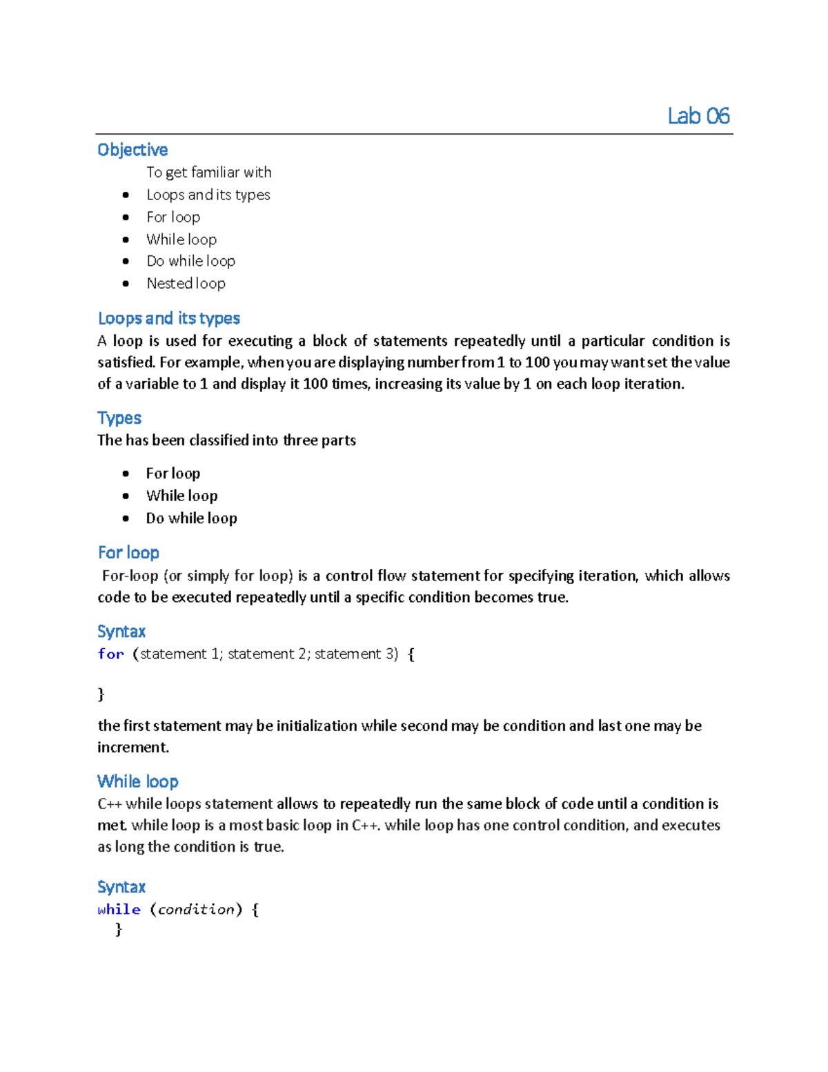 Lab 06 pf lab Rahim - Lhzog - Lab 06 Objective To get familiar with Loops and its types For loop ...