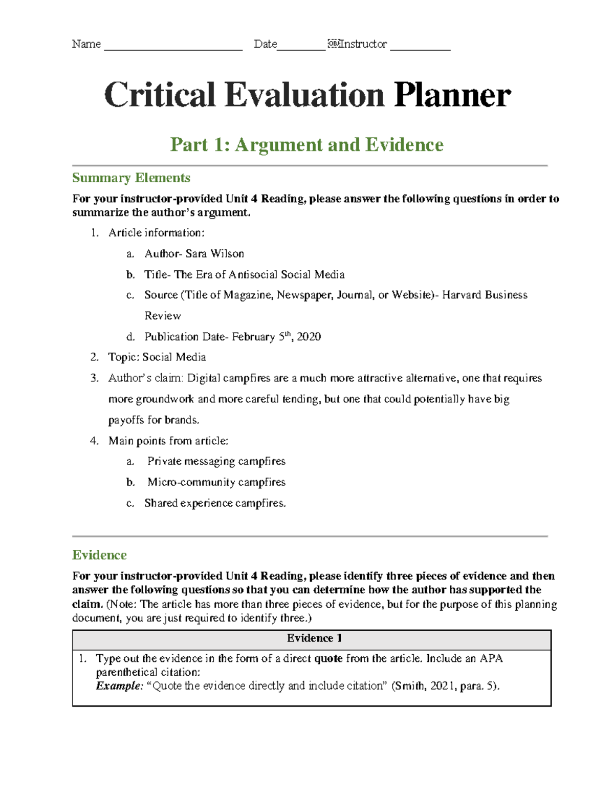 Critical Evaluation Planner Part 1 Evidence - Name ...