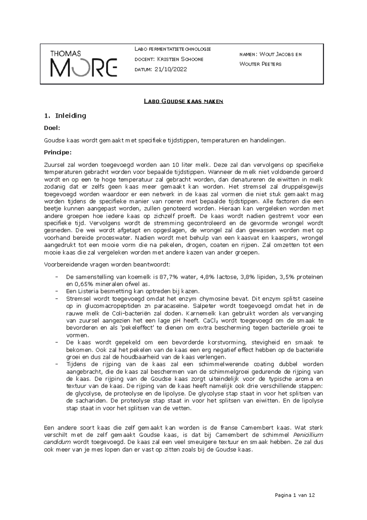 Verslag fermentatietech kaas Wout Jacobs Wouter Peeters - LABO FERMENTATIETECHNOLOGIE DOCENT ...