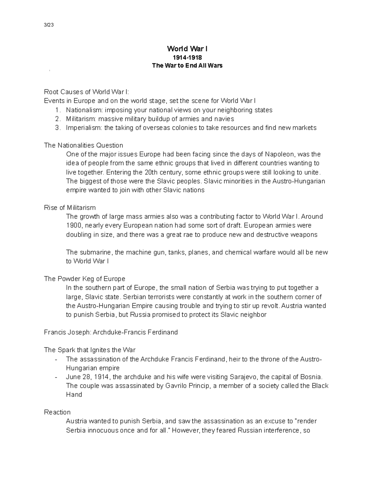 World War I (lecture notes) - World War I 1914- The War to End All Wars ...