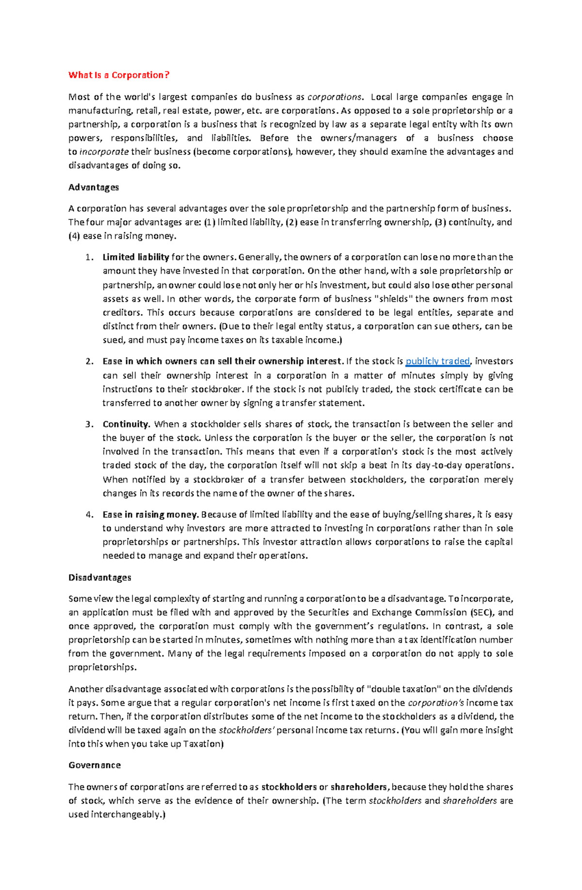 Stockholders' Equity Summary - What Is a Corporation? Most of the world ...