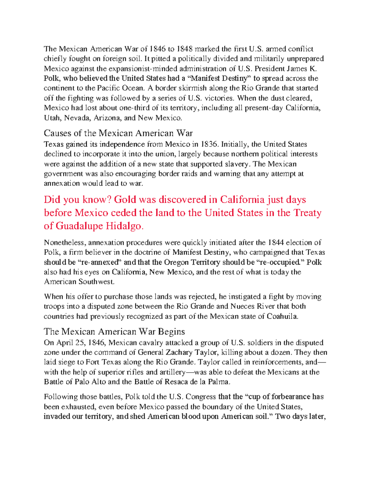 Mexican American War Notes - The Mexican American War of 1846 to 1848 ...