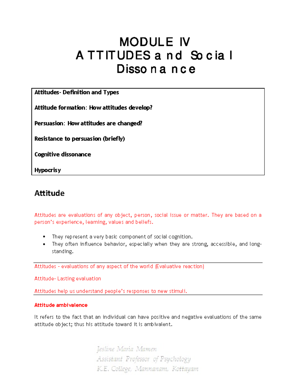 Module 4 Attitude Note - Notes! - MODULE IV ATTITUDES and Social ...