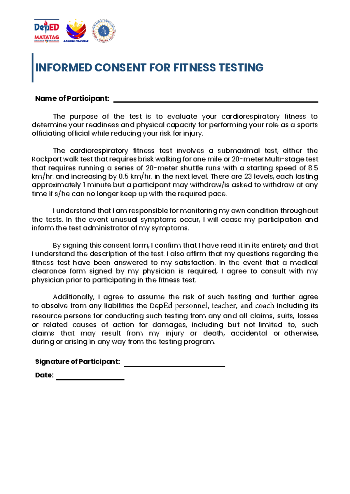 Consent for Fitness Testing - INFORMED CONSENT FOR FITNESS TESTING Name ...