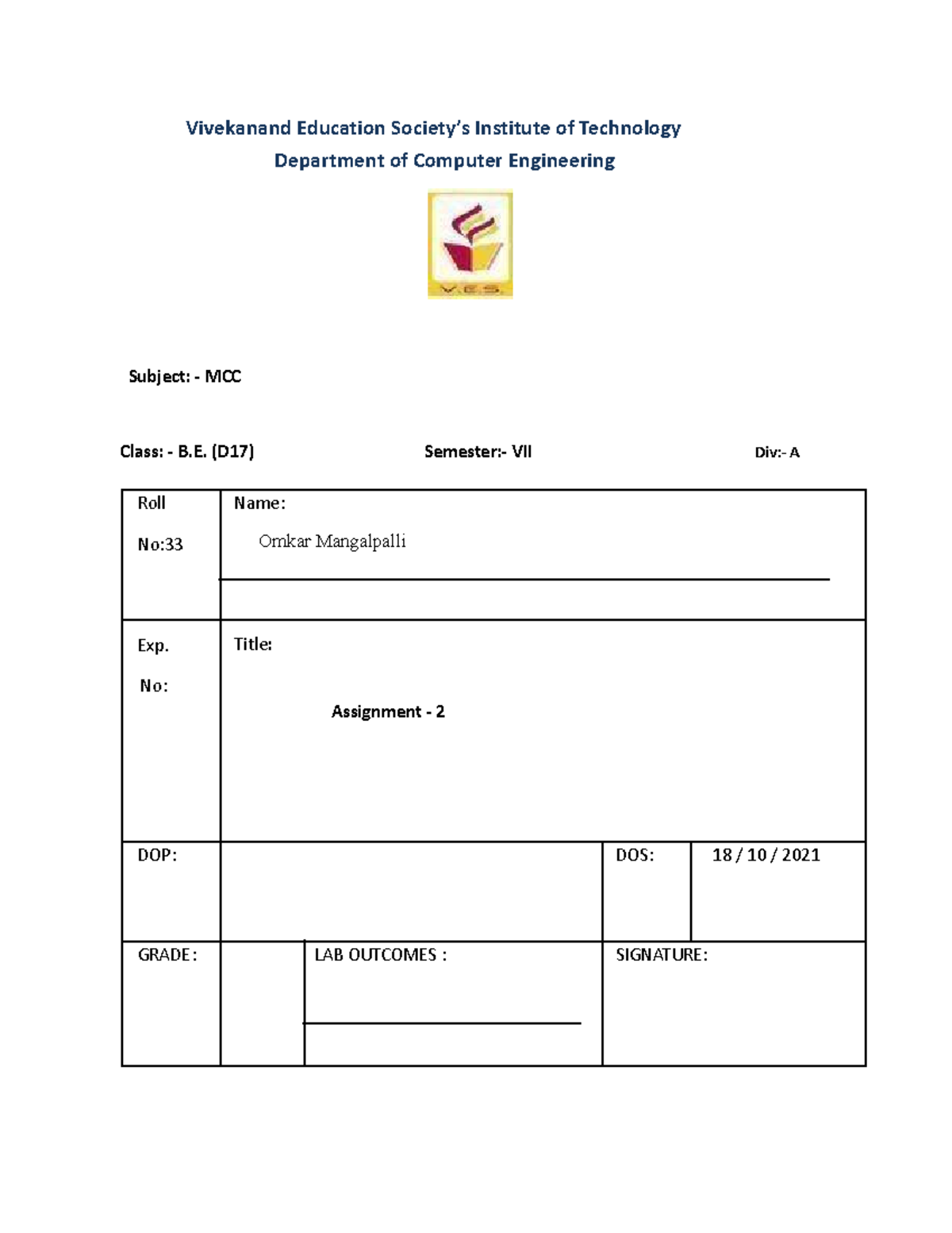 Mobile Communication And Computing Assignments Number 1 With Experiments Vivekanand Education