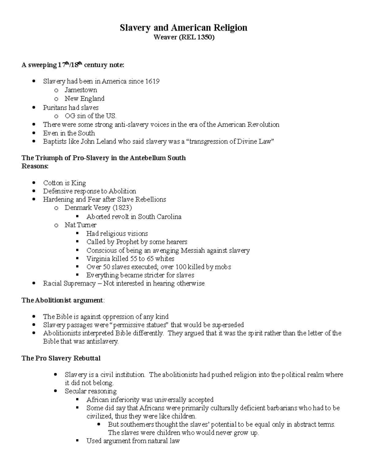 18 REL 1350 Slavery 2018 - Slavery and American Religion Weaver (REL ...