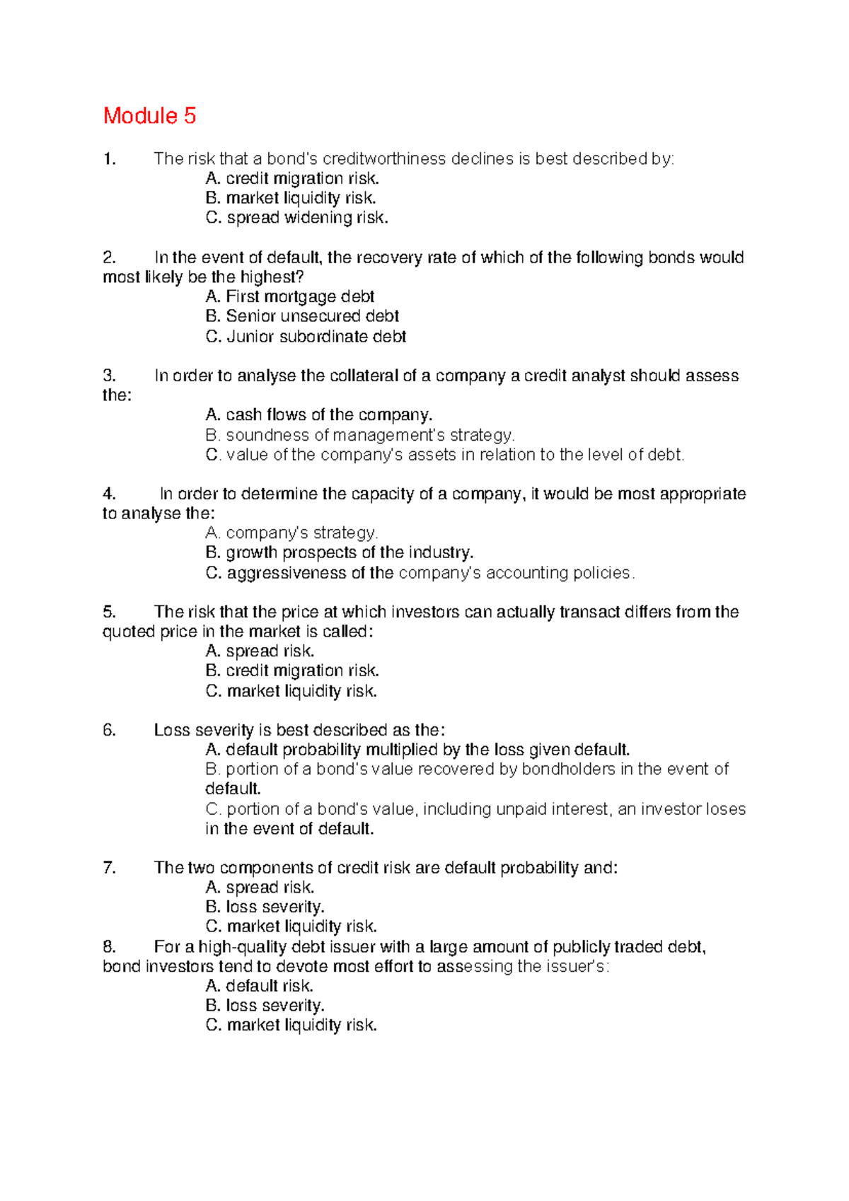 Module 5 Practice Problems - Module 5 The risk that a bond’s ...