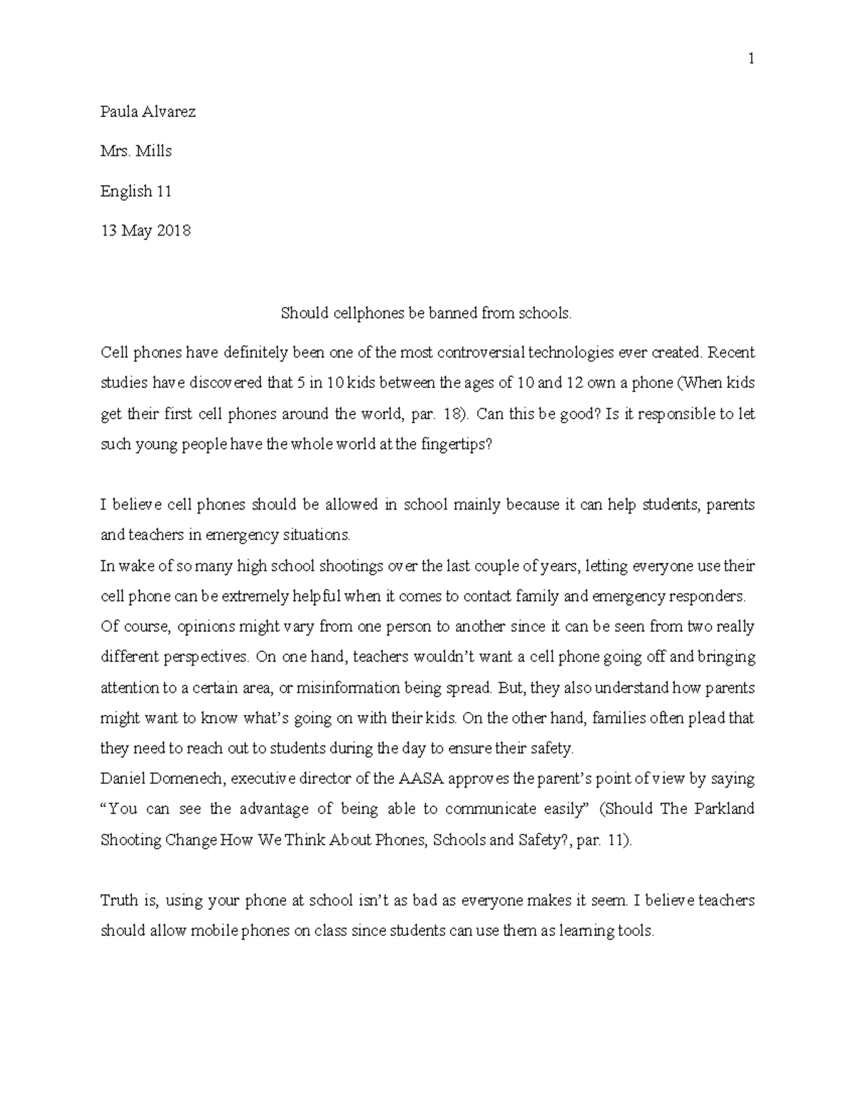 Phones - Grade: B+ - Paula Alvarez Mrs. Mills English 11 13 May 2018 ...