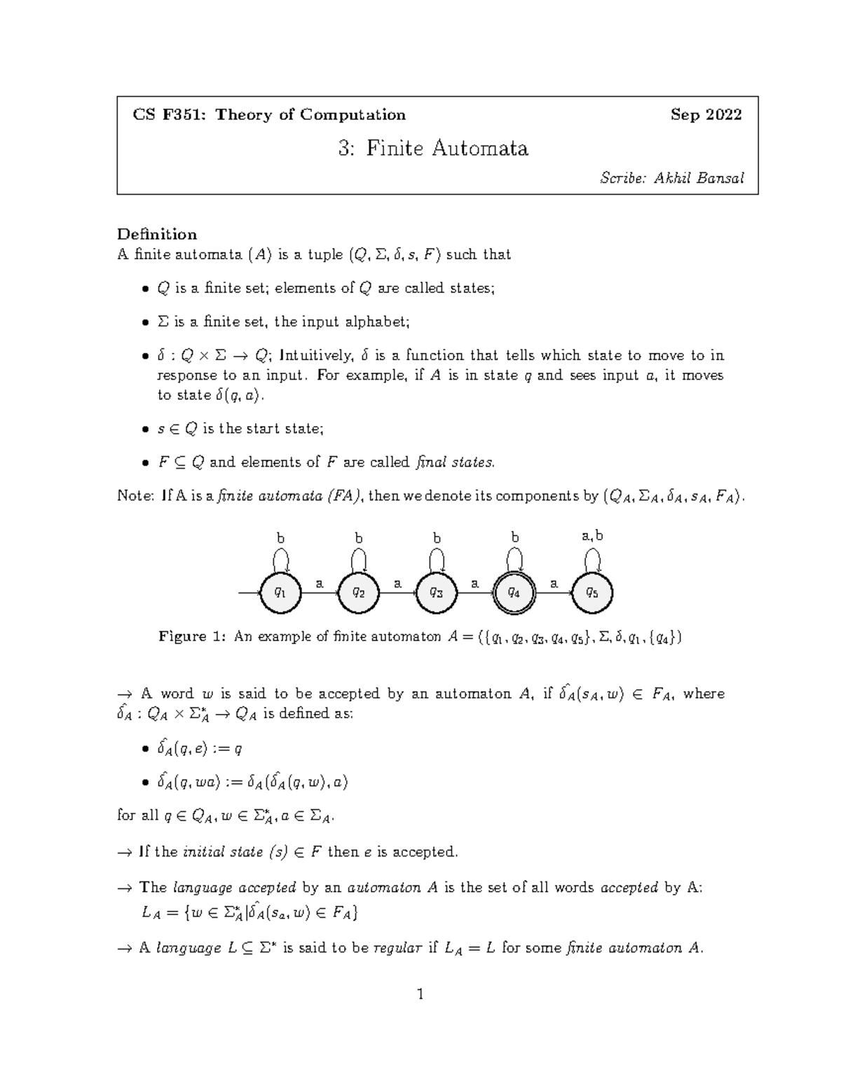 Combined Scribes Till 22 - CS F351: Theory of Computation Sep 2022 3: Finite Automata Scribe ...