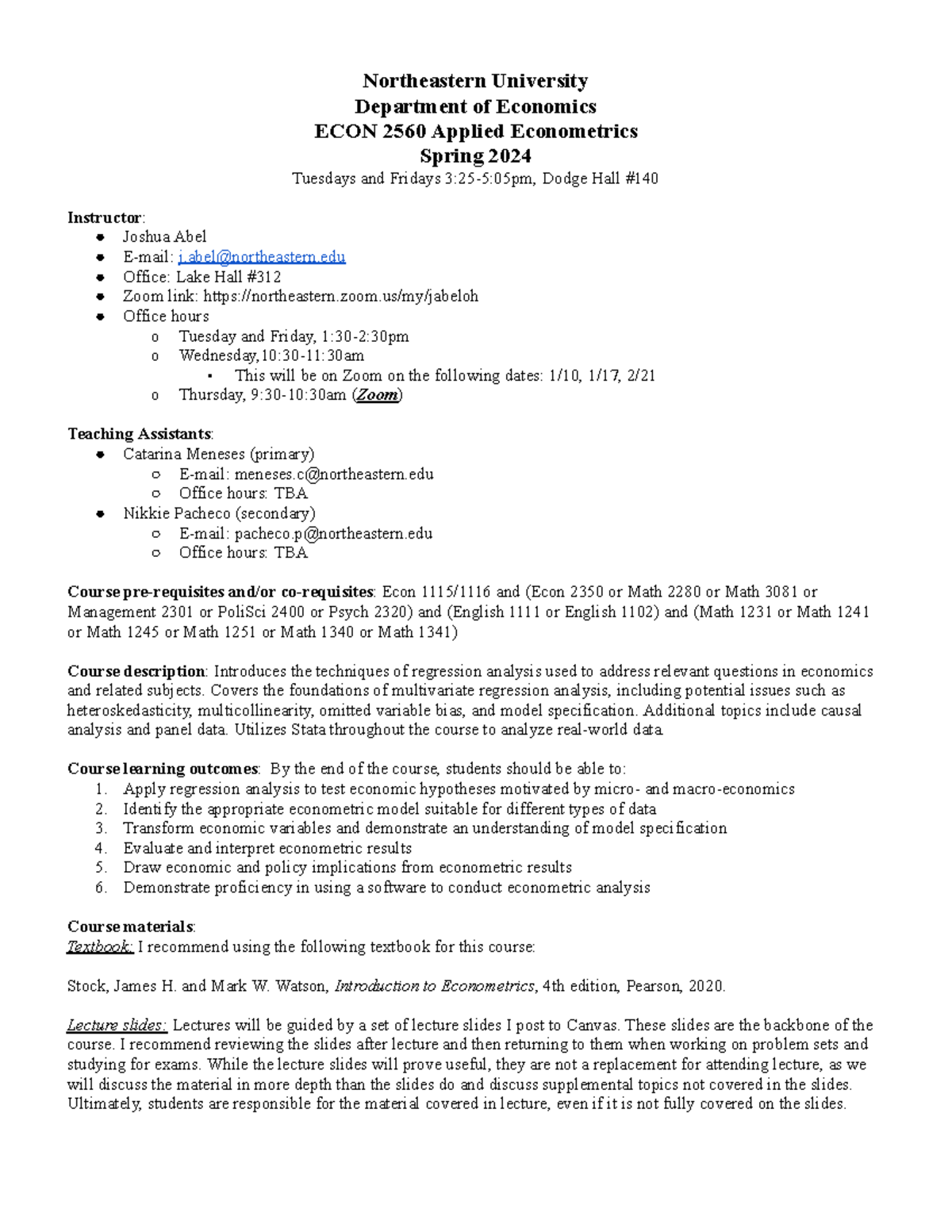 Applied Econometrics - Syllabus - Northeastern University Department of ...