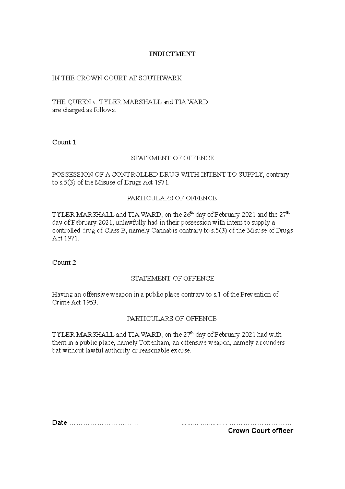 Indictment - INDICTMENT IN THE CROWN COURT AT SOUTHWARK THE QUEEN v ...