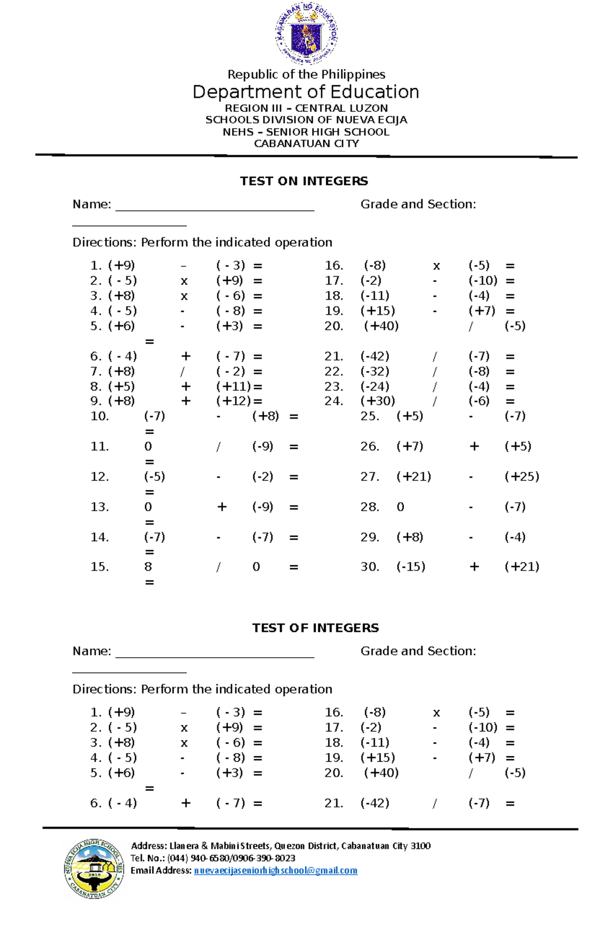 Test of Integers - Four fundamental operations - Republic of the ...