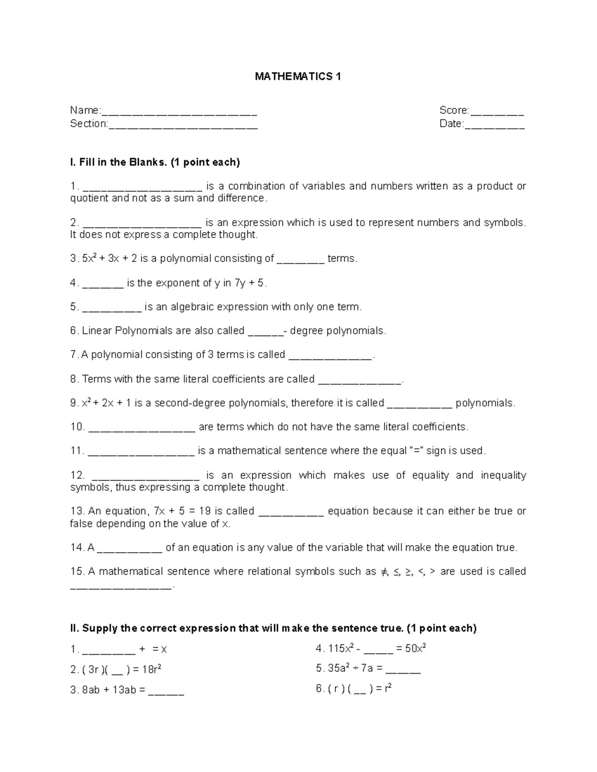 Mathematics Evaluation Sheet - MATHEMATICS 1 Name ...