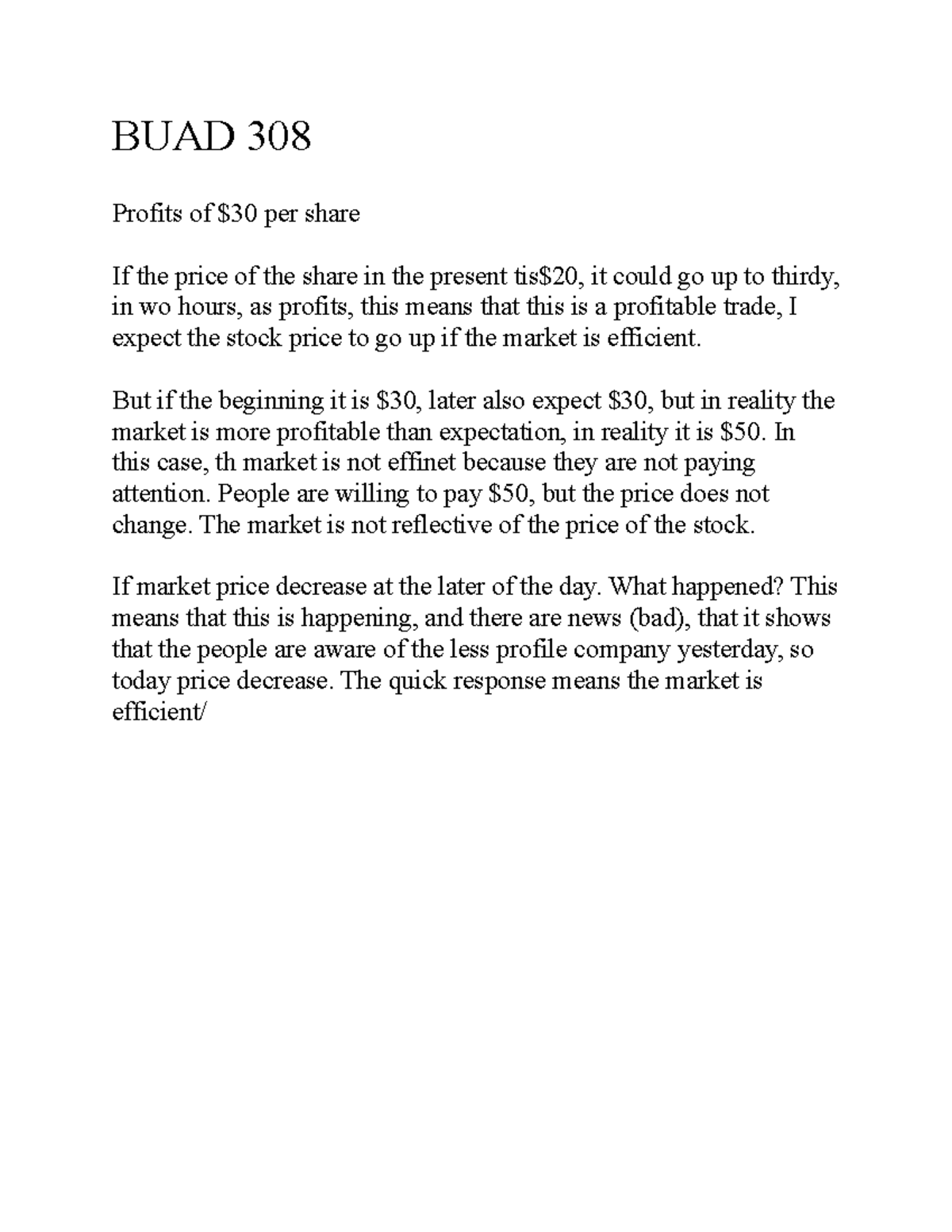 Buad 306 jansen - First lecture and assignment - BUAD 308 Profits of ...