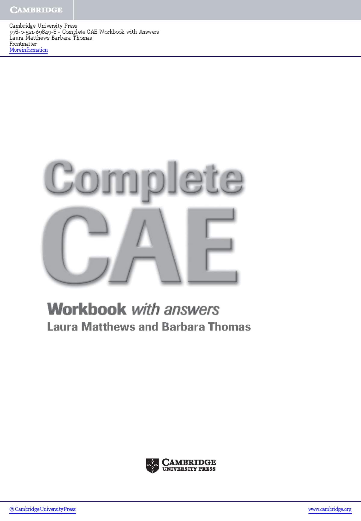 Complete CAE workbook with answers - Laura Matthews and Barbara Thomas ...