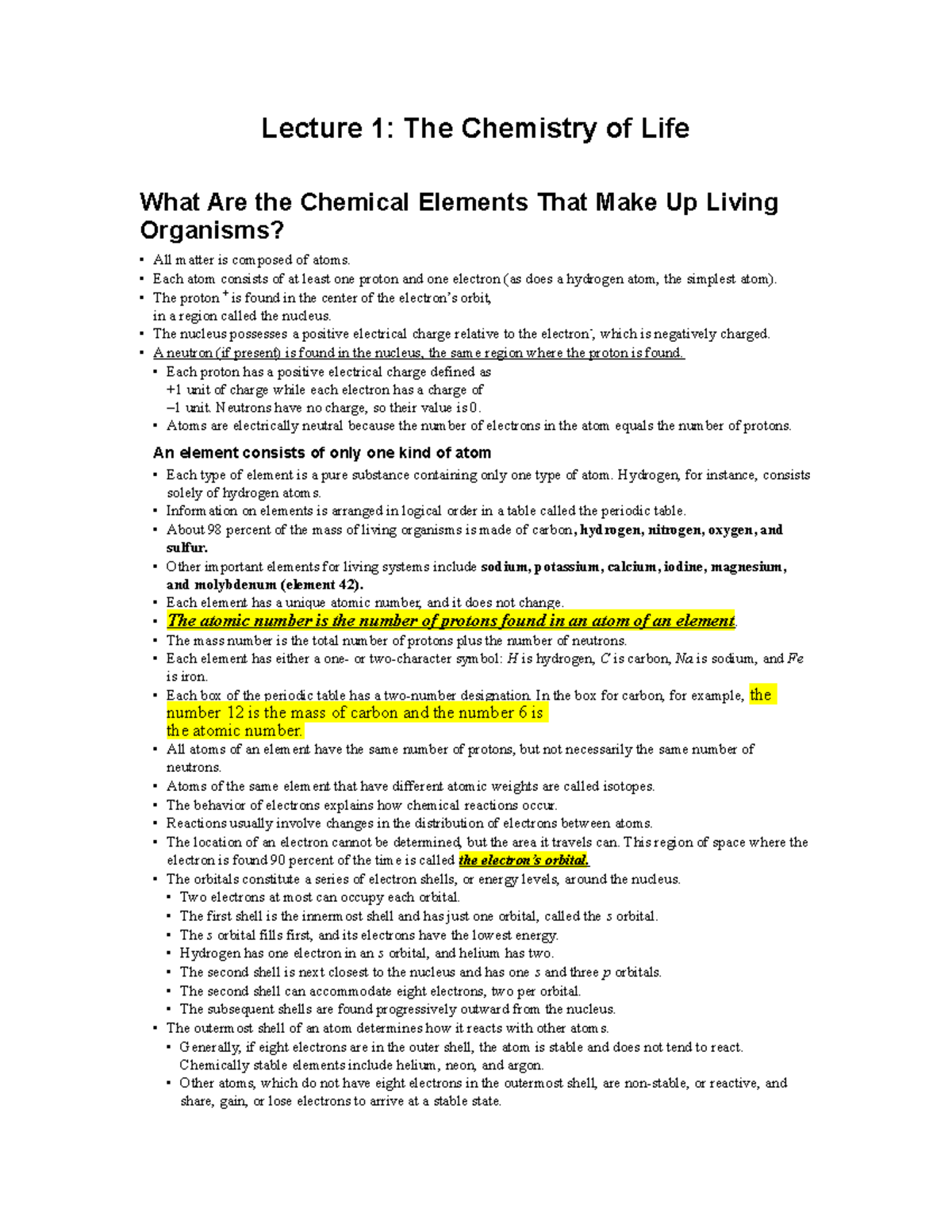 Chapt 02 Chemistry Notes - Lecture 1: The Chemistry of Life What Are ...