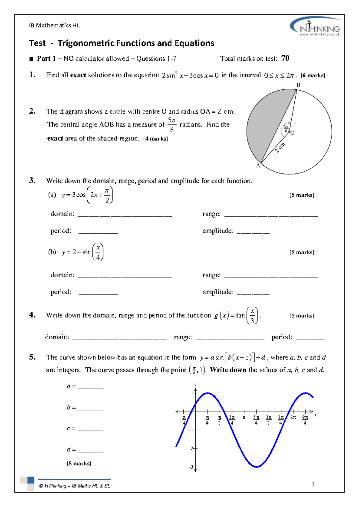 Test HL trig functns eqns v1 - IB Mathematics HL Test - Trigonometric ...