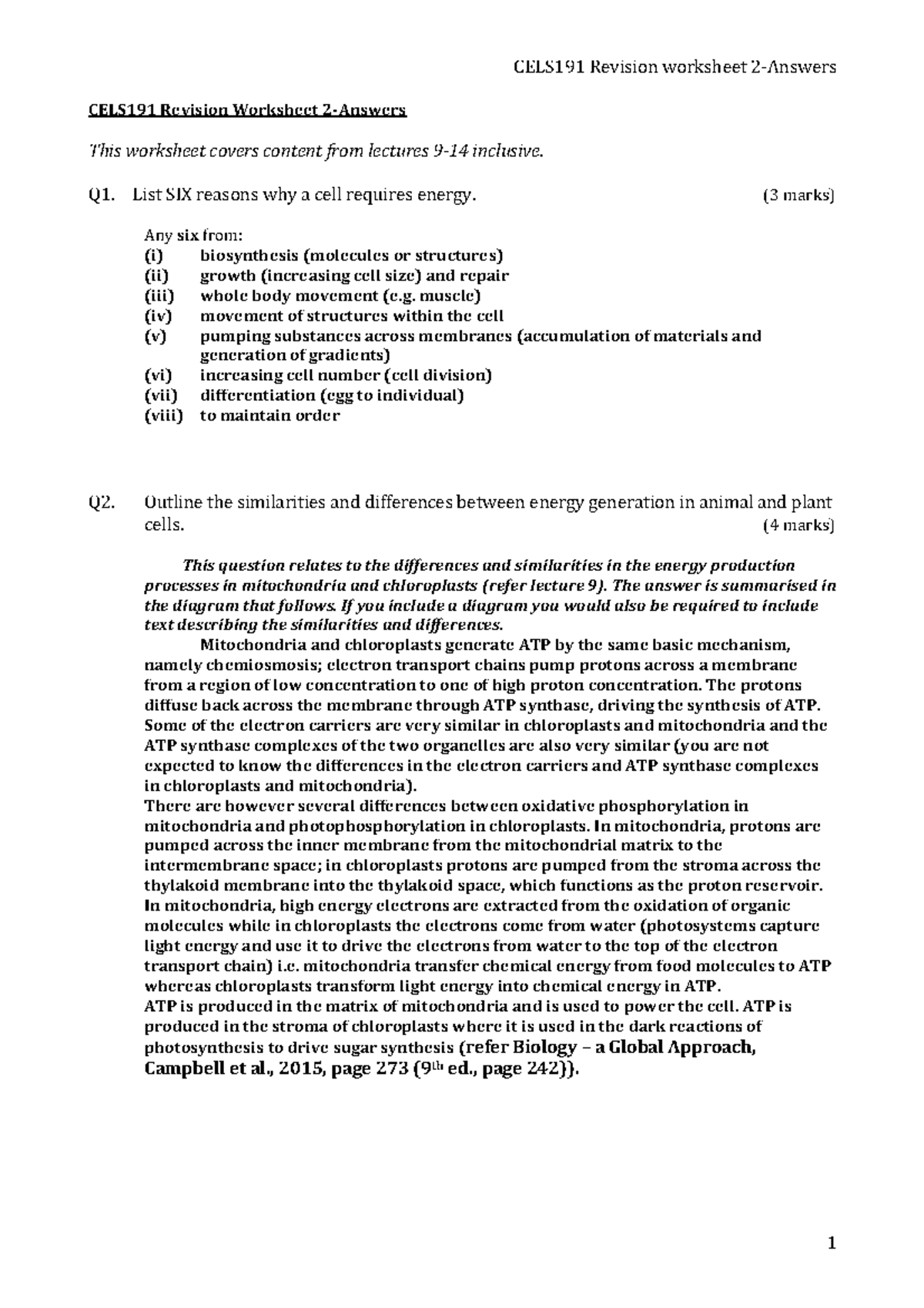 CELS191 Revision Worksheet 2 Answers 2017 - CELS191 Revision Worksheet ...