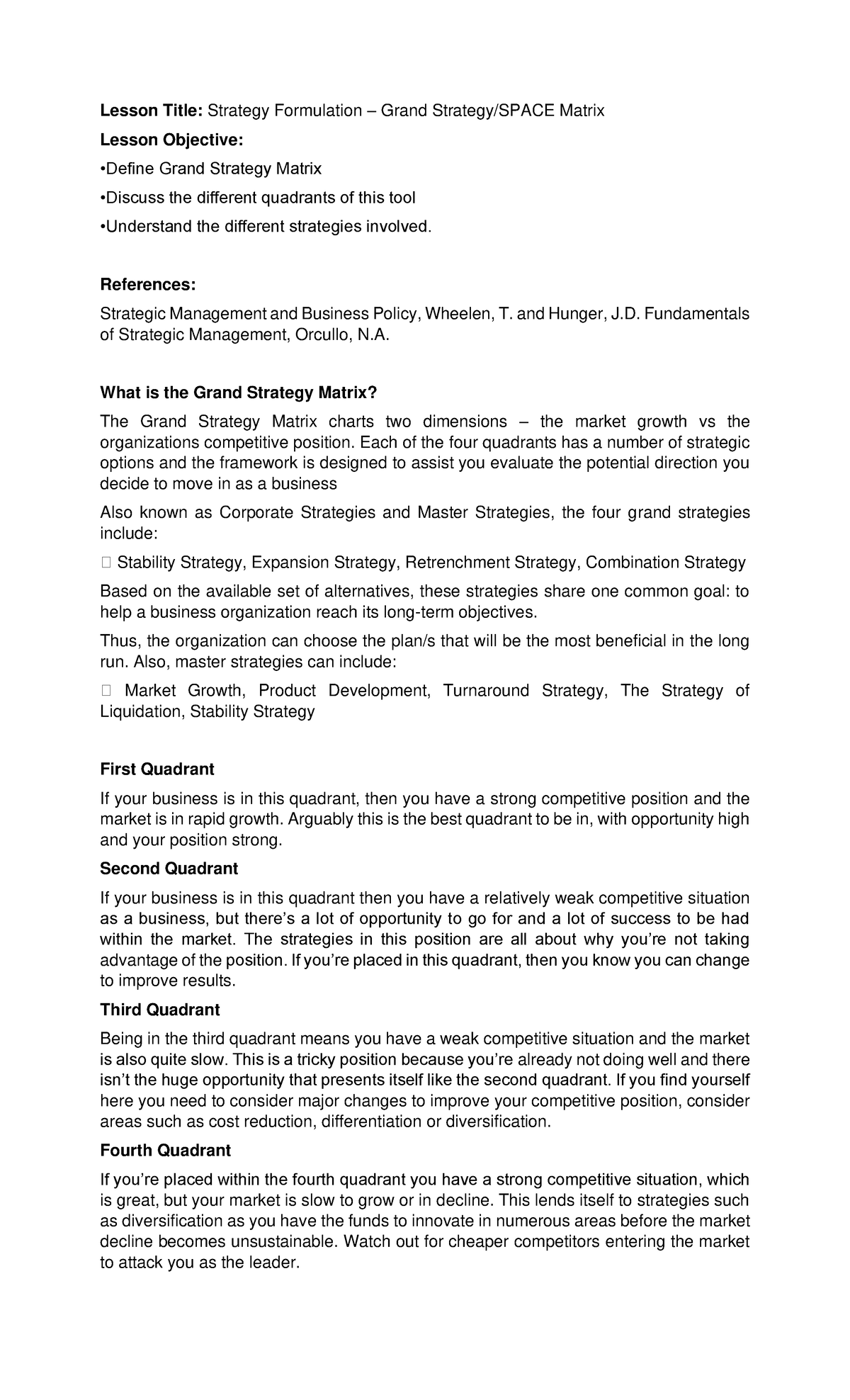 Strategy Formulation – Grand Strategy Space Matrix - Lesson Title ...