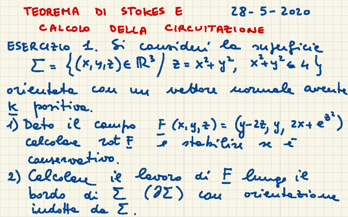 2020-05-28 - Esercizi - TEOREMA DI STOKES E 28 - 5 - 2020 CALCOLO DELLA ...