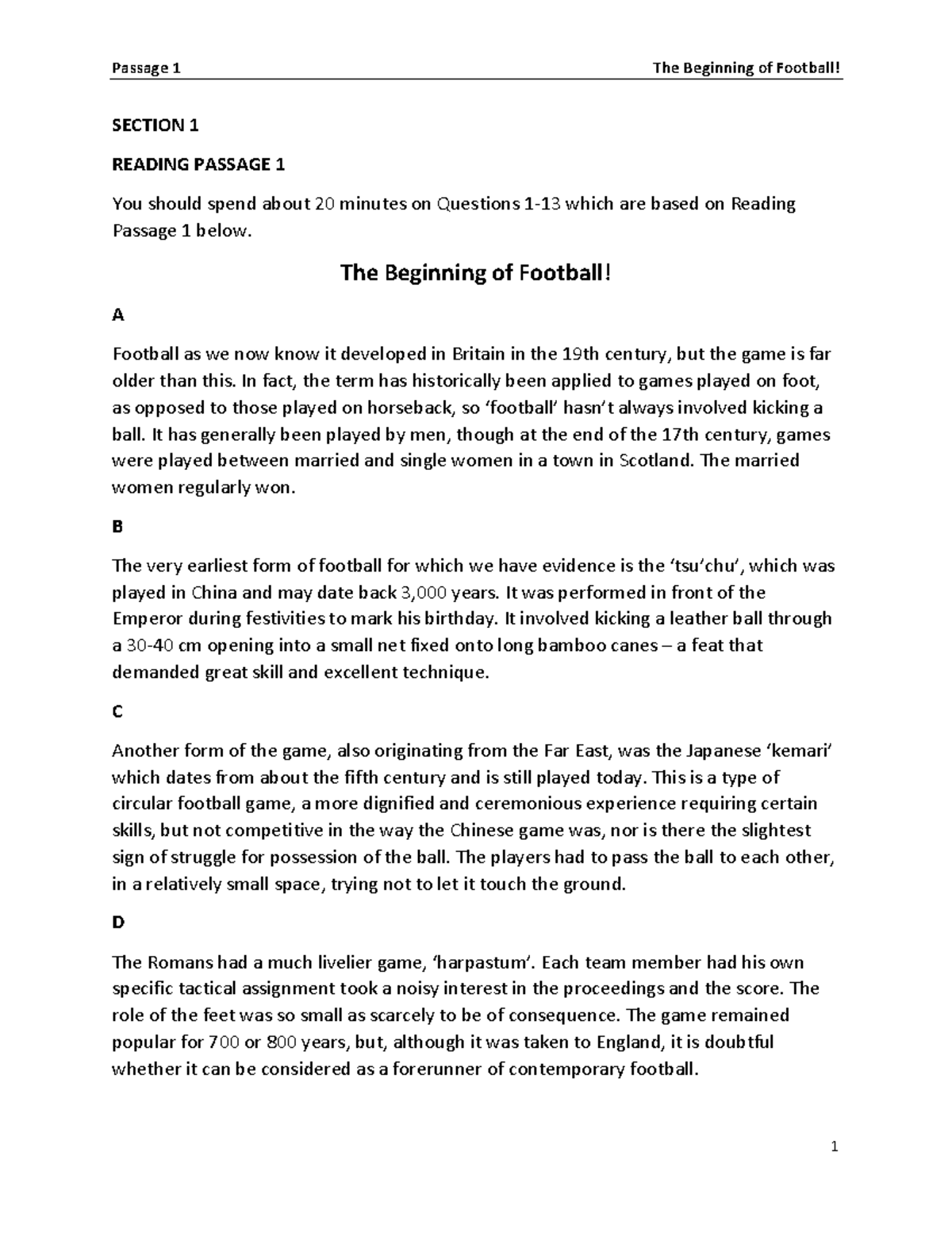49 Passage 1 The Beginning of Football Q1 13 - SECTION 1 READING ...