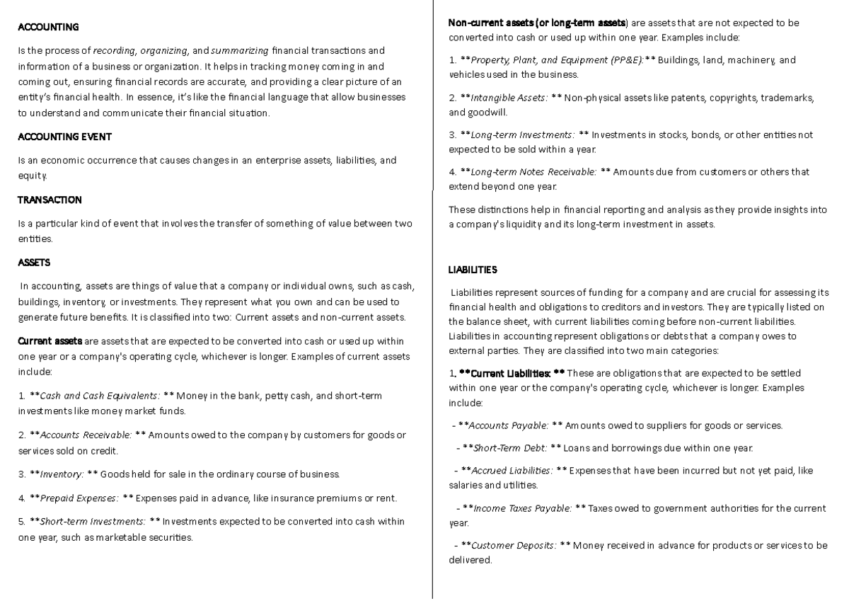 Accounting Notes 1 Accounting Is The Process Of Recording Organizing And Summarizing