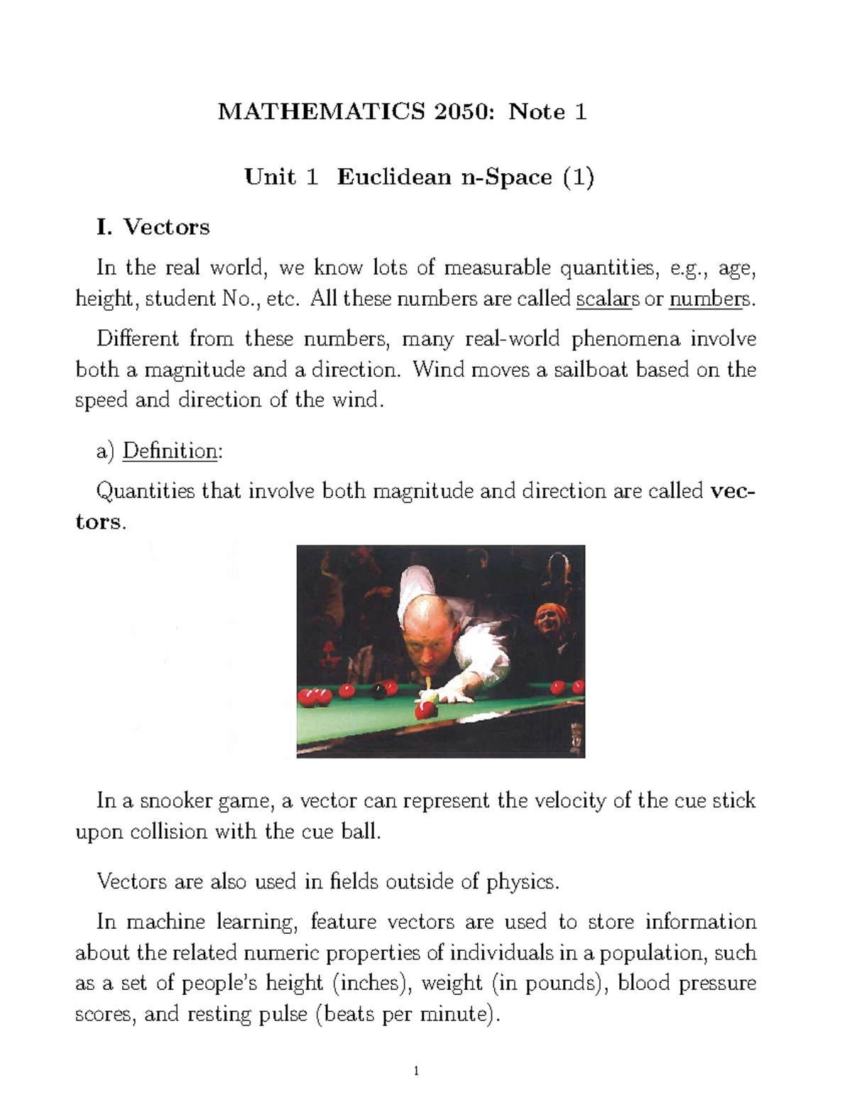 N1 - Notes1 - MATHEMATICS 2050: Note 1 Unit 1 Euclidean n-Space (1) I ...