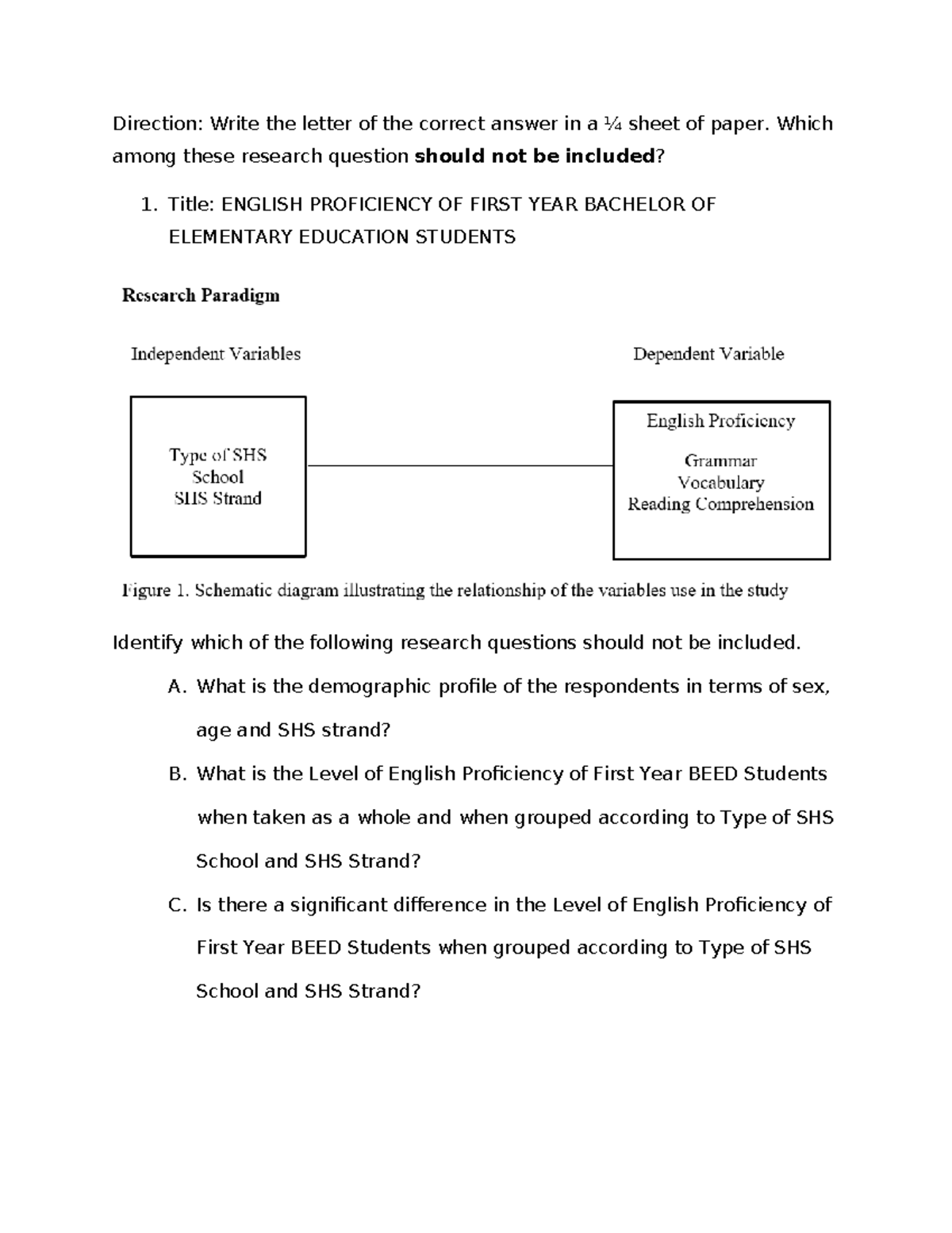 Test I - Test - Direction: Write the letter of the correct answer in a ...