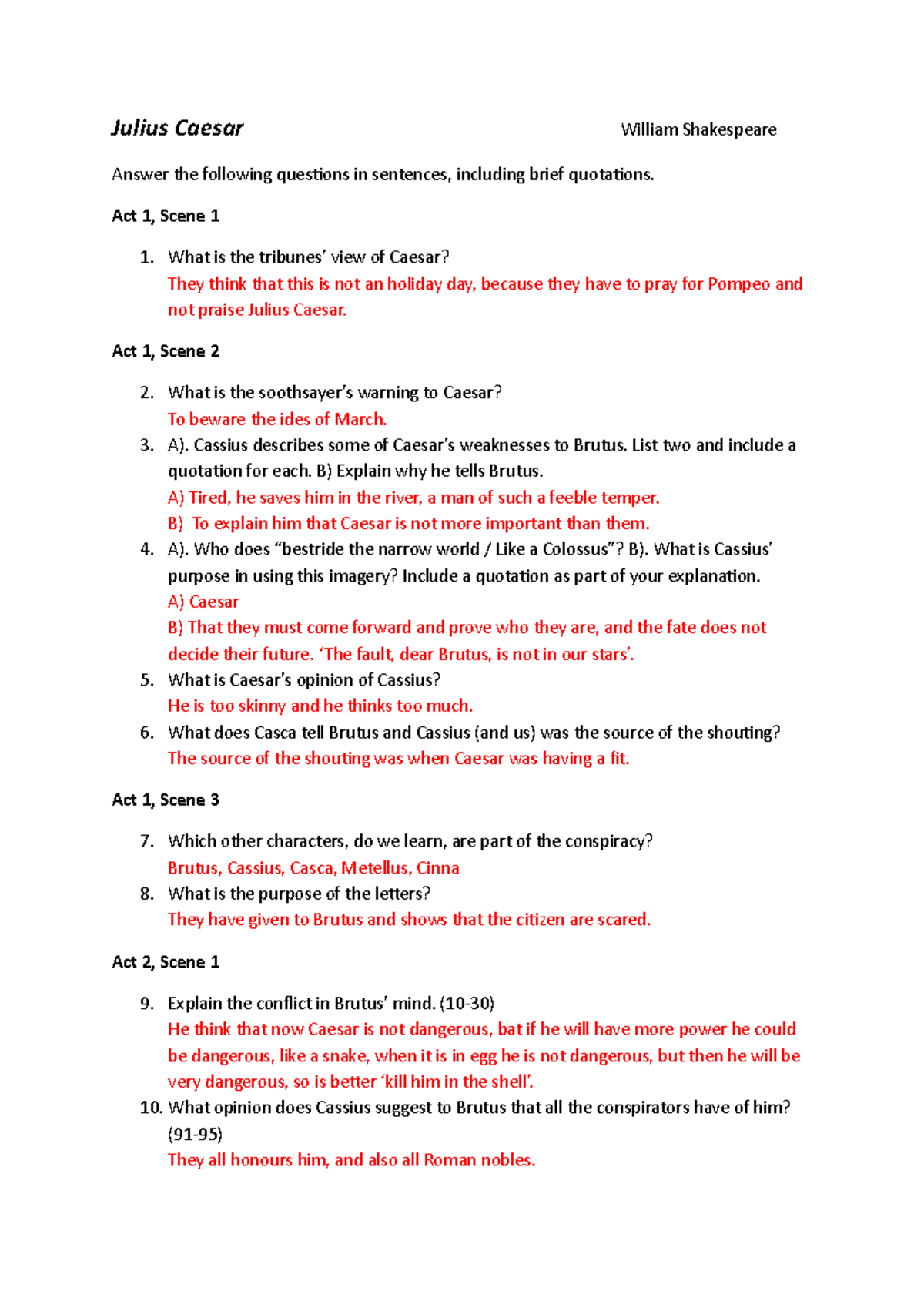 Julius Caesar Answers - Julius Caesar William Shakespeare Answer the ...