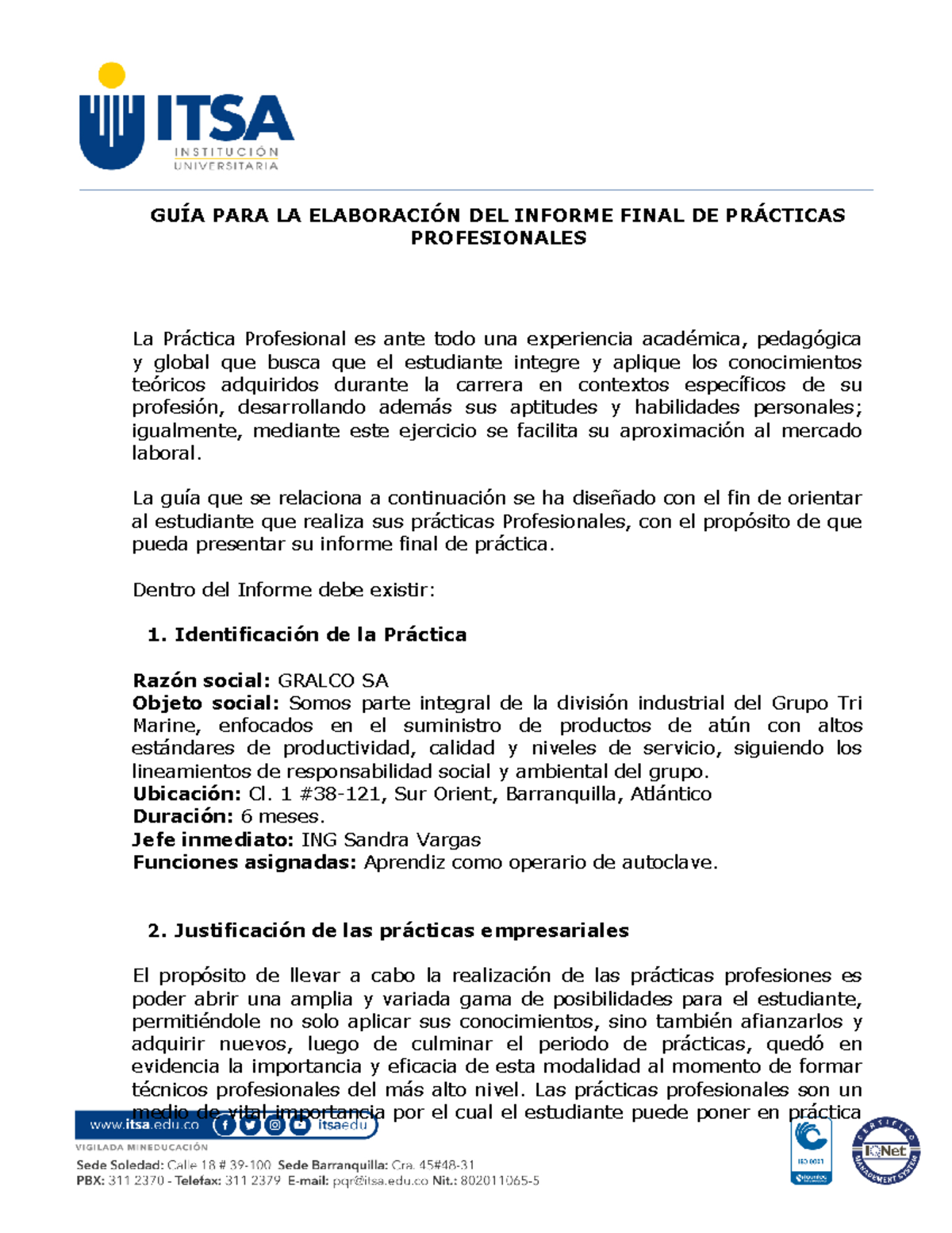 GUÍA Informe Final Prácticas 2020 - GUÍA PARA LA ELABORACIÓN DEL INFORME FINAL DE PRÁCTICAS ...