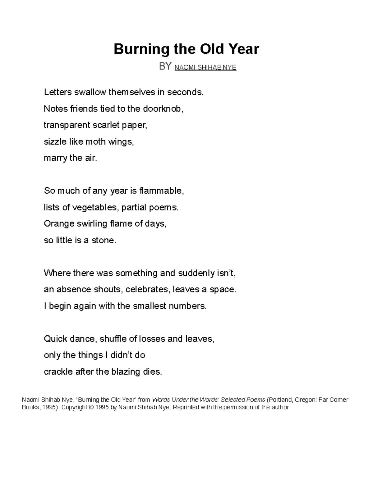 Burning the Old Year by Naomi Shihab Nye - Burning the Old Year BY ...