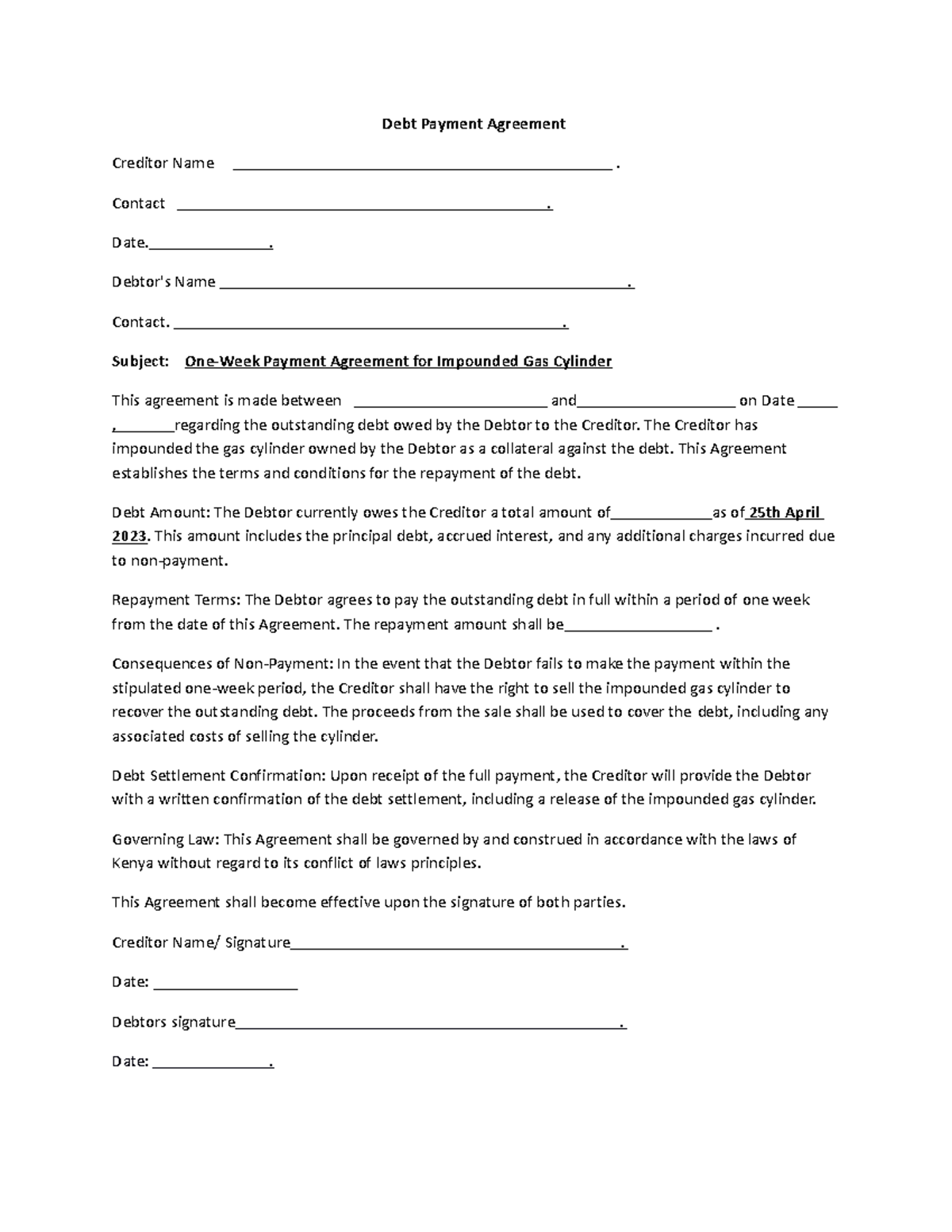 DEBT Payment Agreement - Debt Payment Agreement Creditor Name. Contact ...
