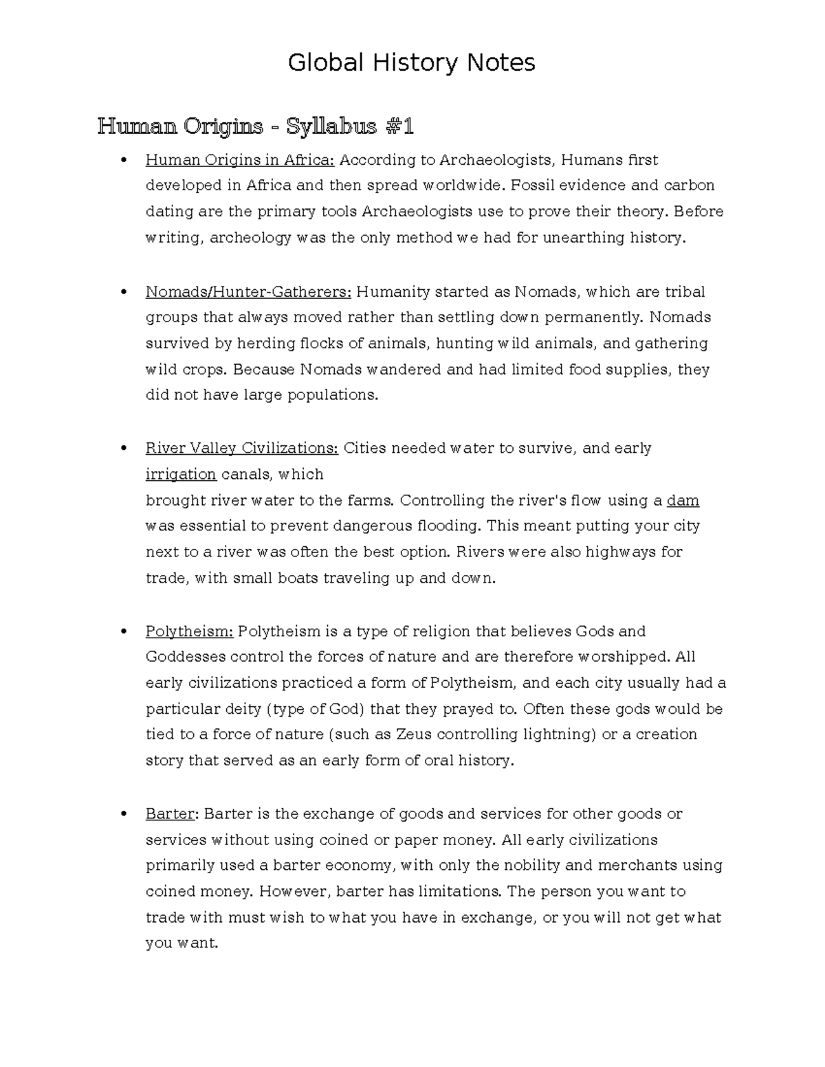 Global History Notes - Human Origins - Syllabus Human Origins in Africa ...