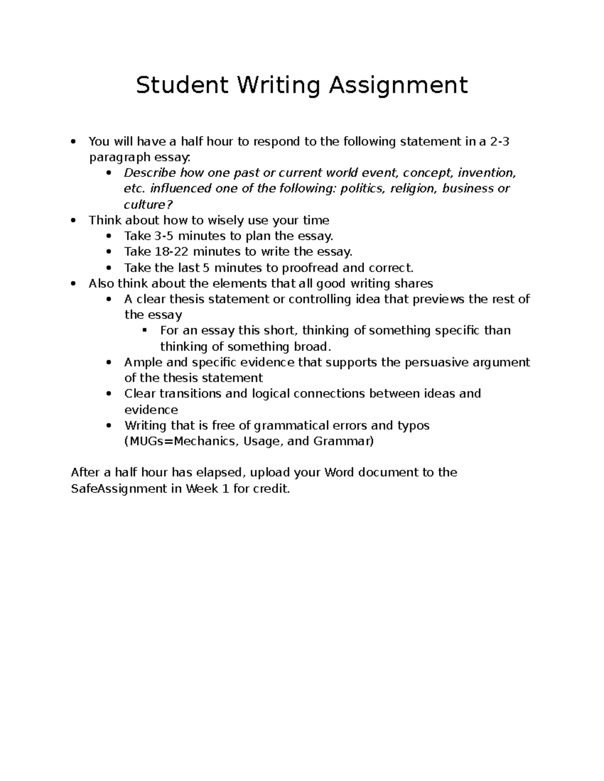 Student Writing Assignment Outcomes Student Writing Assignment You