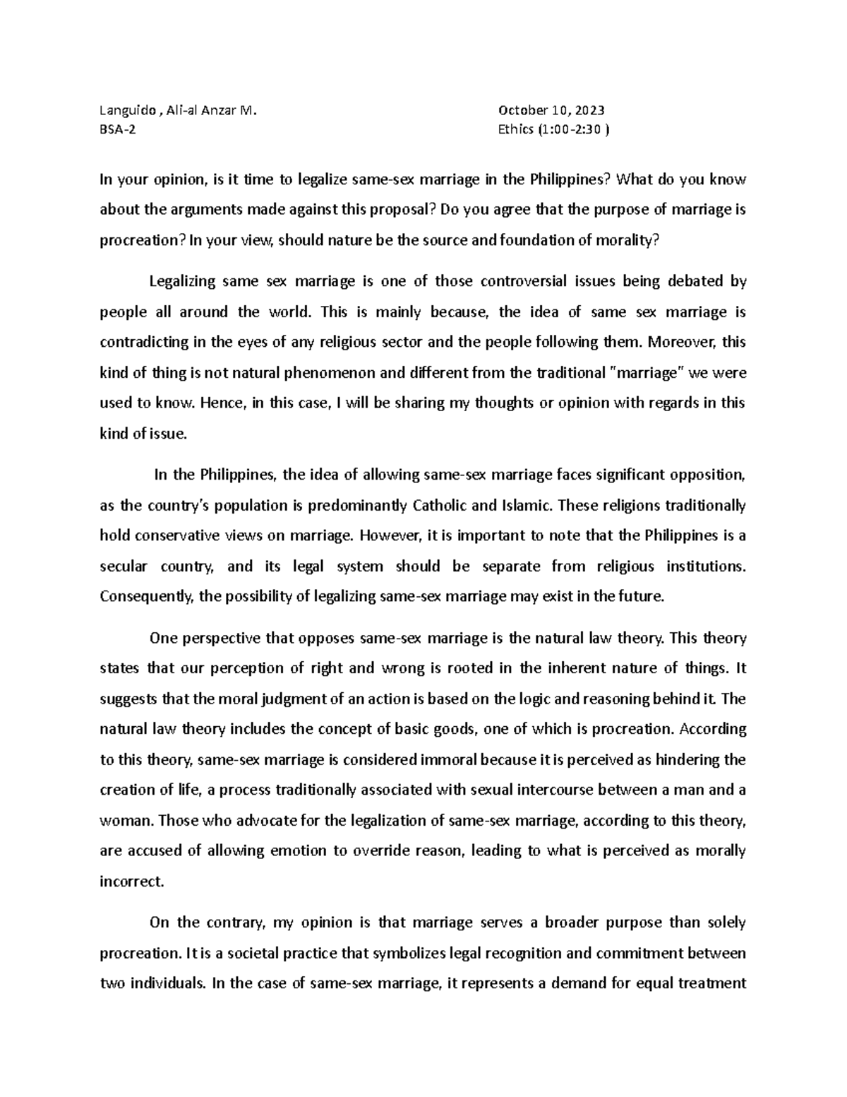 Ethics languido natural theory - Languido , Ali-al Anzar M. October 10 ...