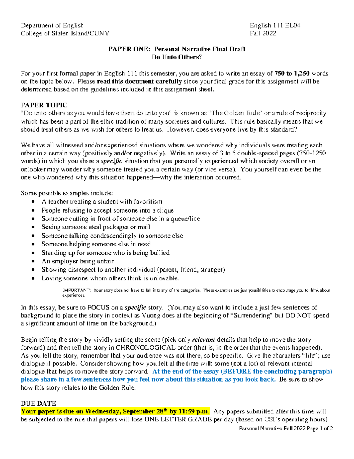 Directions - .................. - Personal Narrative Fall 2022 Page 1 ...