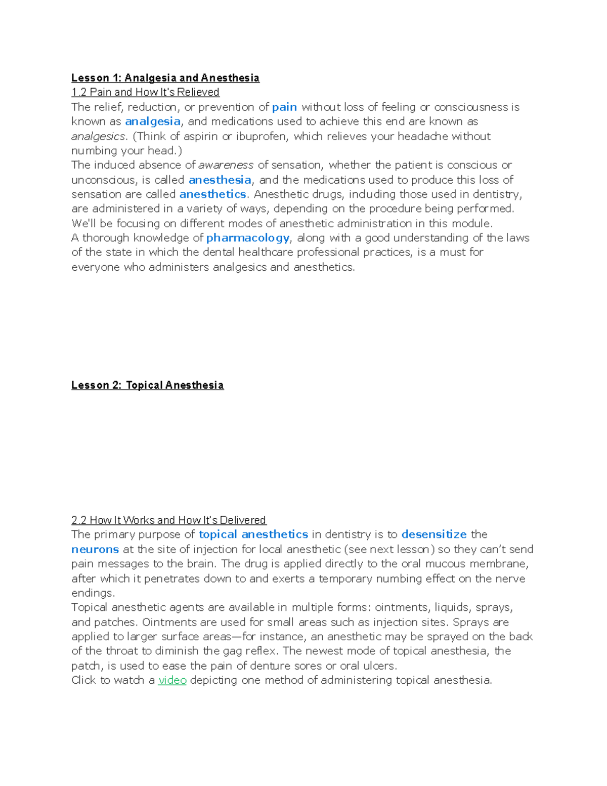 Week 7 Module 9 Pain Control - Lesson 1: Analgesia and Anesthesia 1 ...