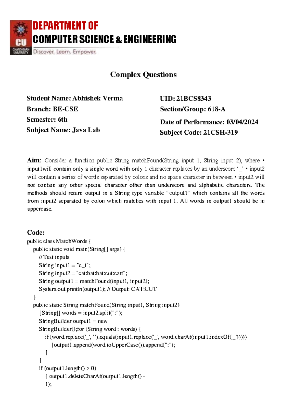 21bcs8343 Java complex - COMPUTER SCIENCE & ENGINEERING Complex ...