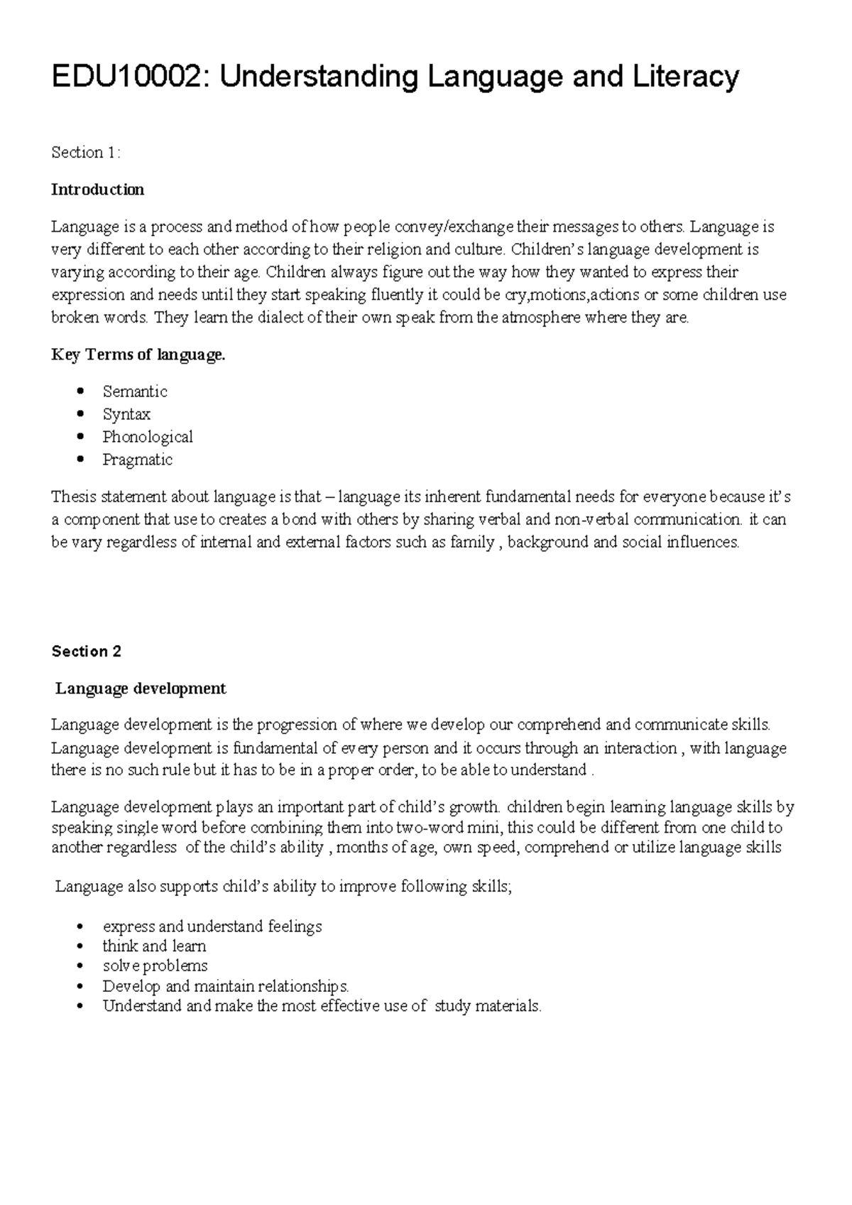 Oral language development EDU10002 Understanding Language and Literacy ...